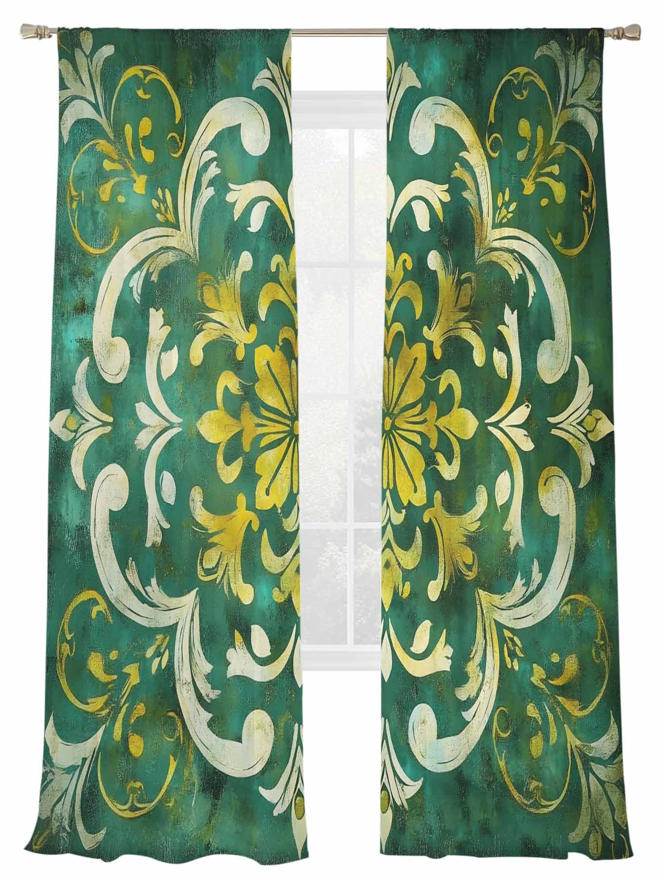 Impressionist Style Sheer Curtains 2 Panels Set Green Flowers Simple ...