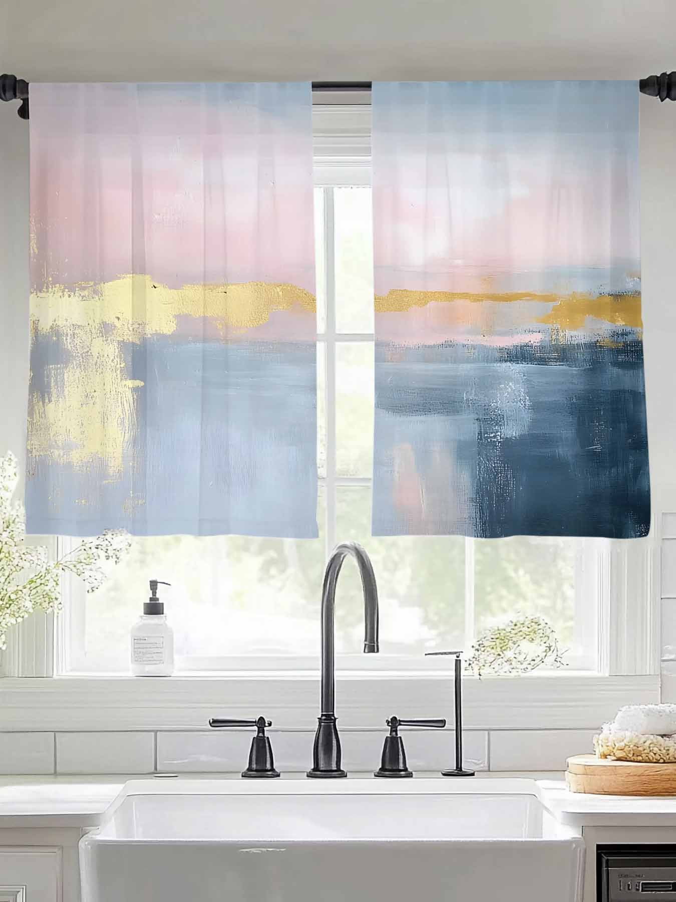 Impressionist Style Sheer Curtains 54 Inches Long 2 Panels Pink Blue ...