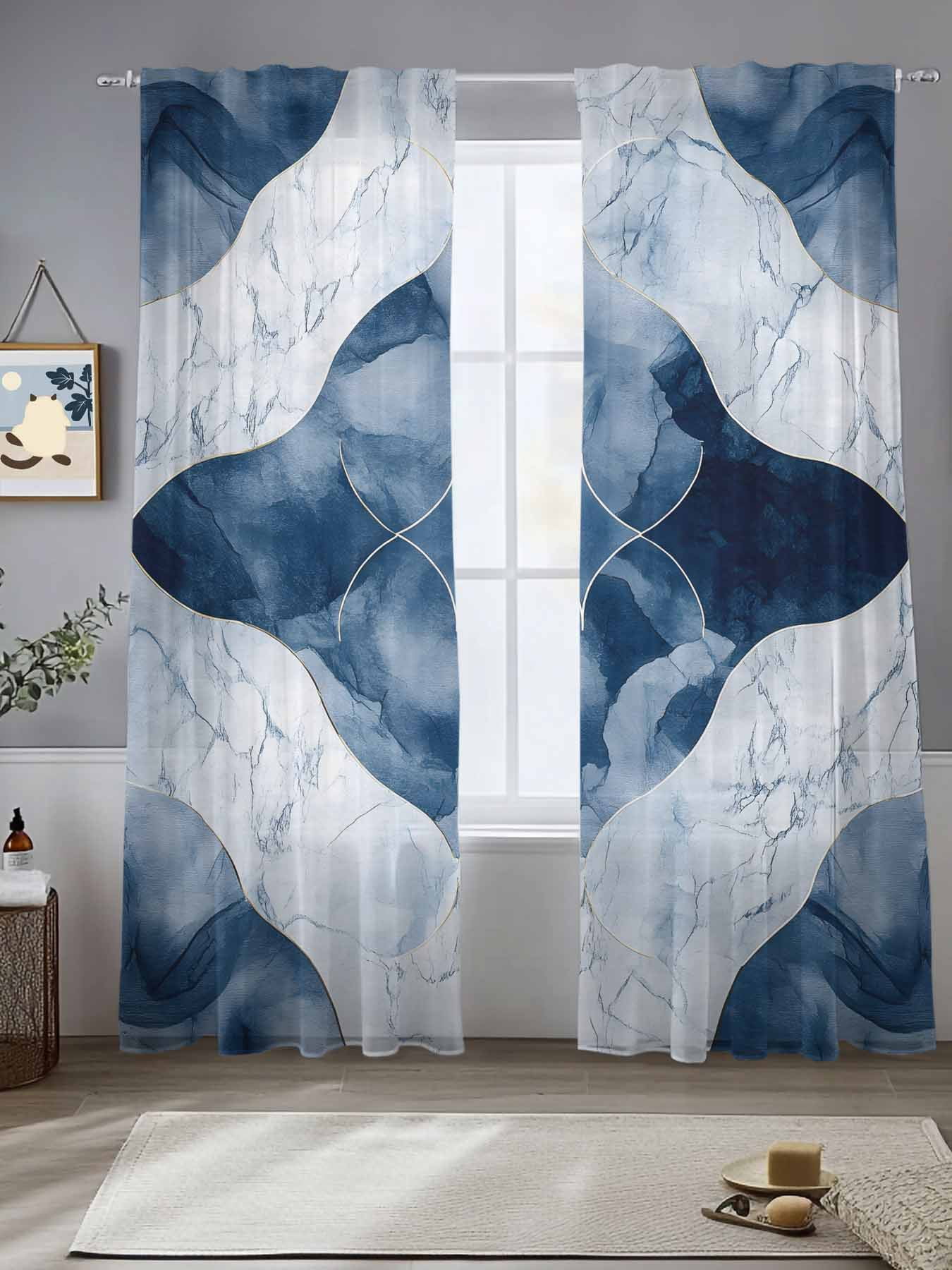 Impressionist Style Sheer Curtains 84 Inches Long 2 Panels Blue Gray ...