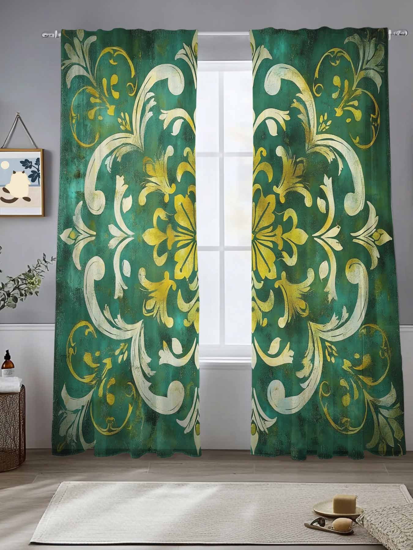 Impressionist Style Sheer Curtains 84 Inches Long 2 Panels Green ...