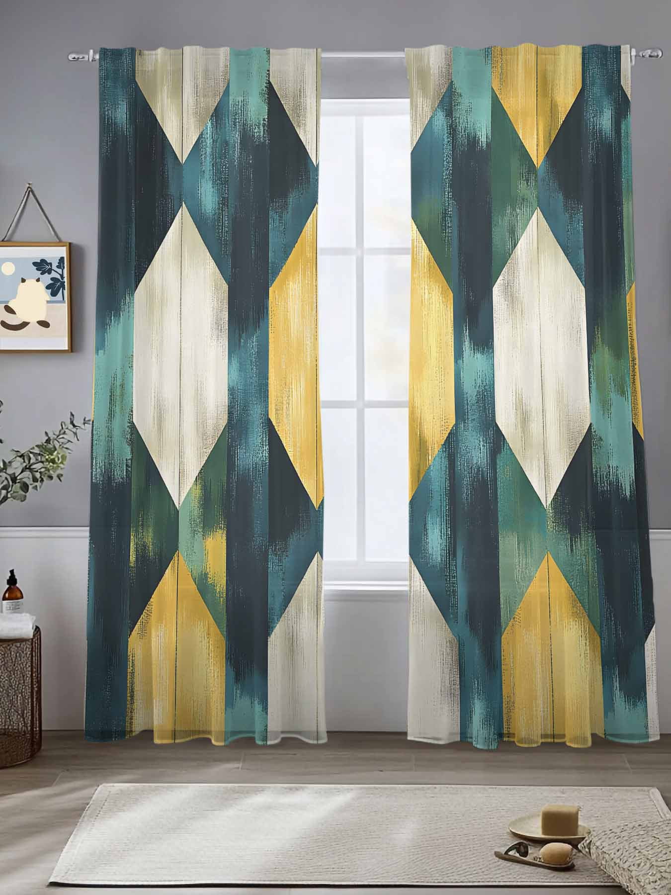 Impressionist Style Sheer Curtains 84 Inches Long 2 Panels Green Yellow ...