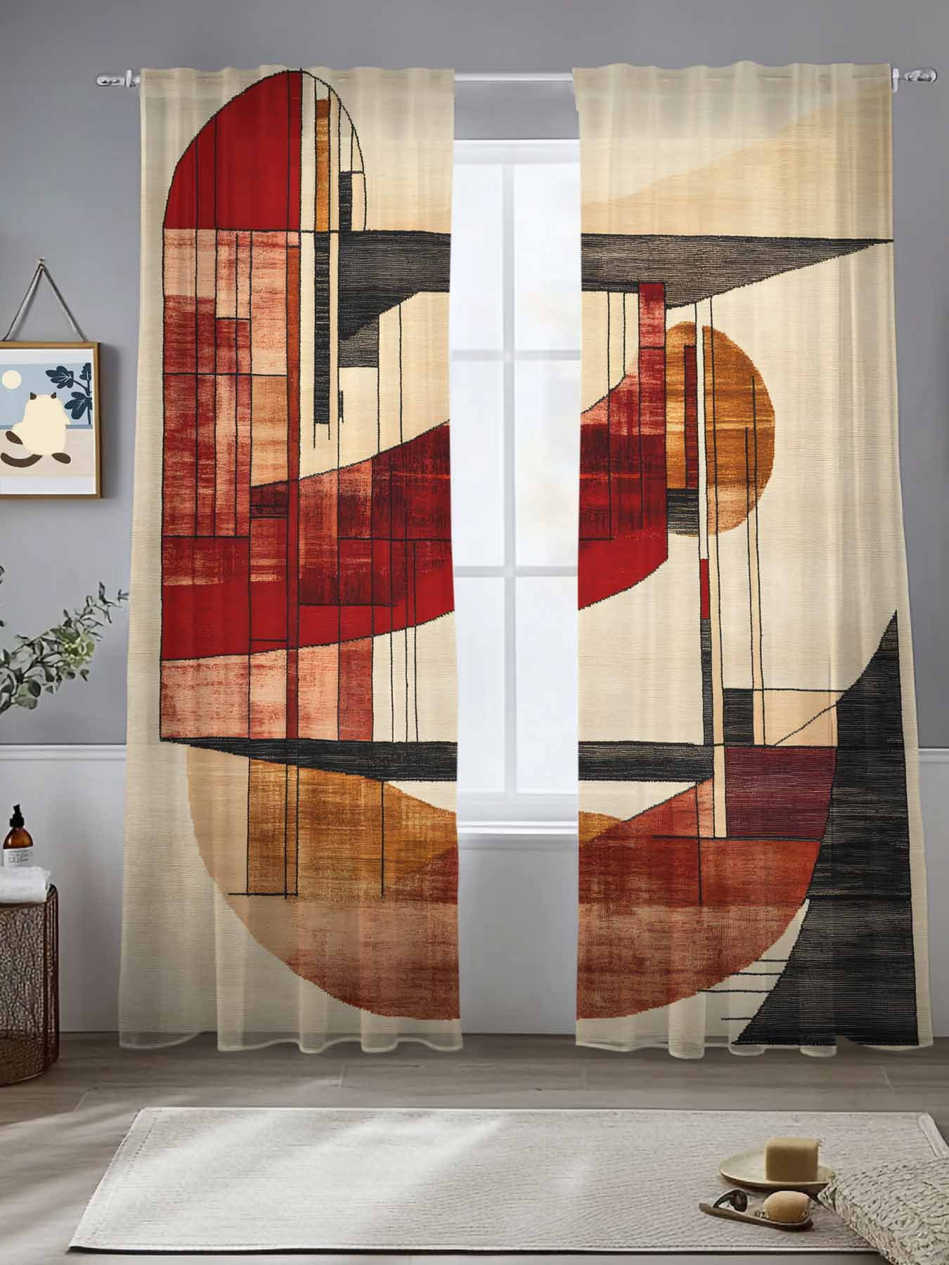 Impressionist Style Sheer Curtains 84 Inches Long 2 Panels Red Beige ...