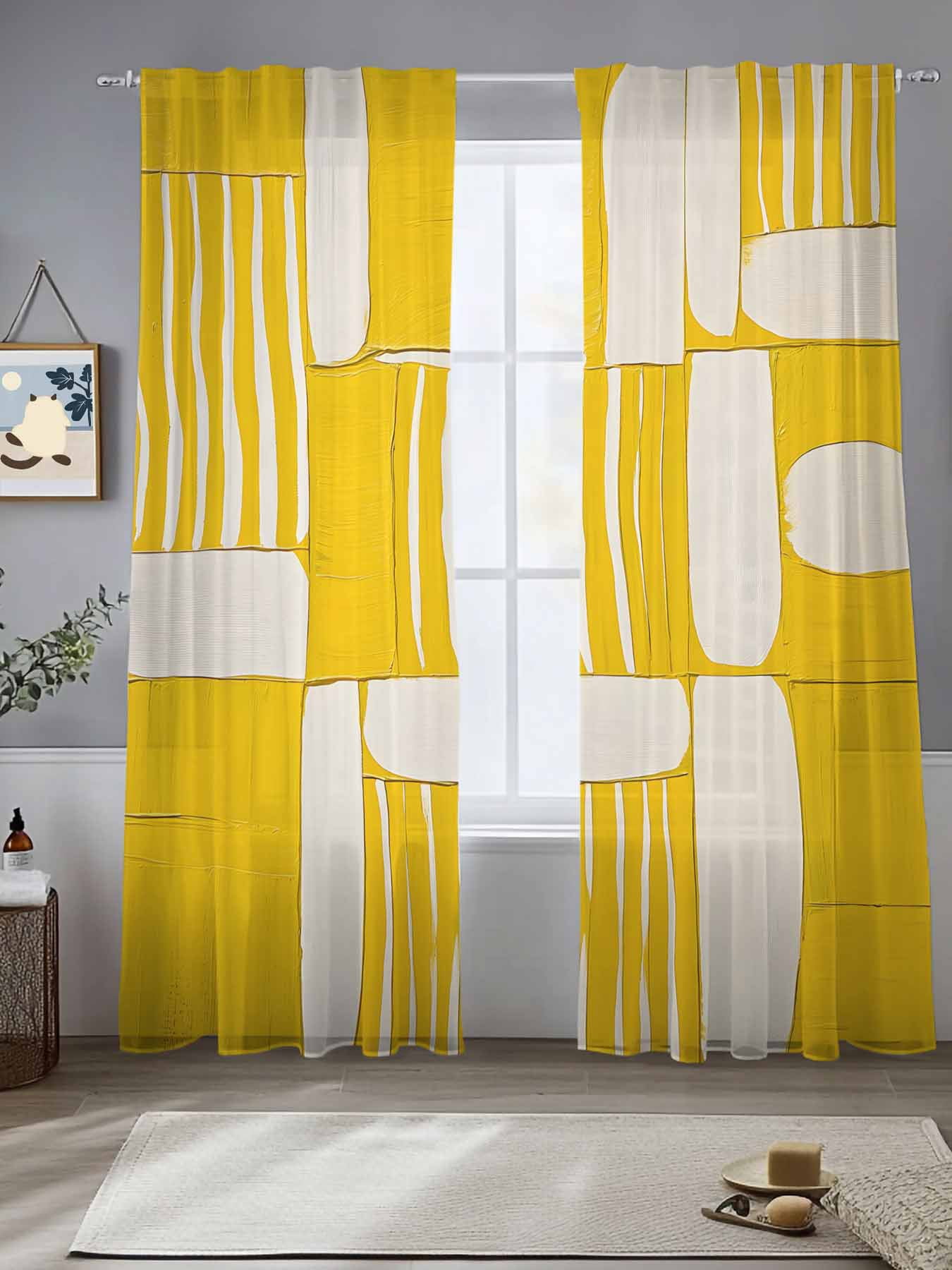 Impressionist Style Sheer Curtains 84 Inches Long 2 Panels Yellow ...