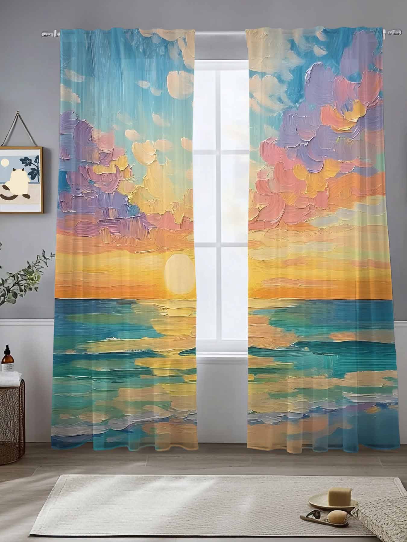 Impressionist Theme Sheer Curtains 108 Inches Long 2 Panels Abstract ...