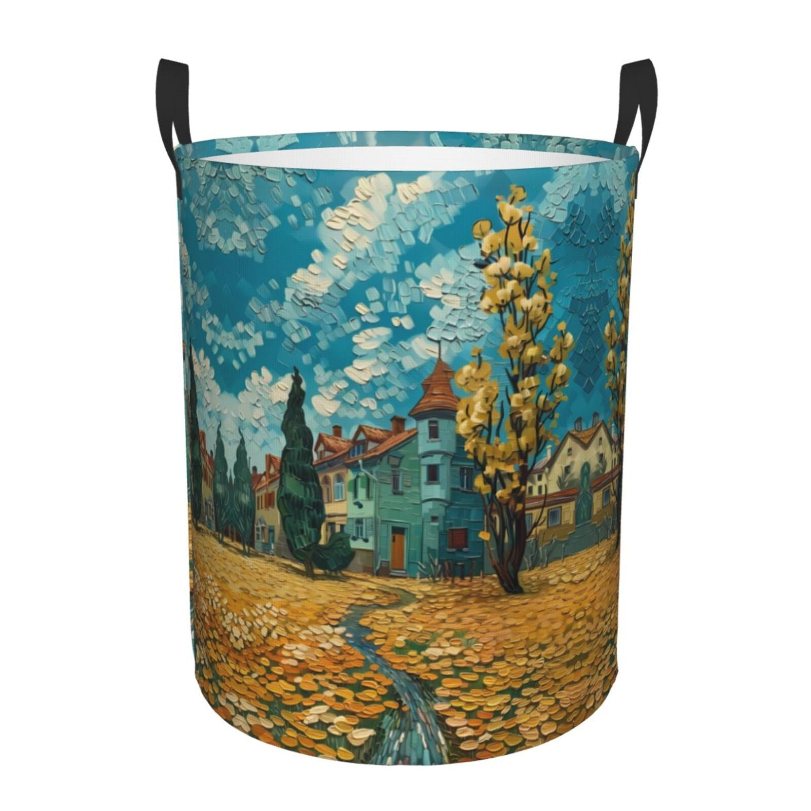 Impressionist Village Sky Laundry Basket with Handles - Freestanding ...