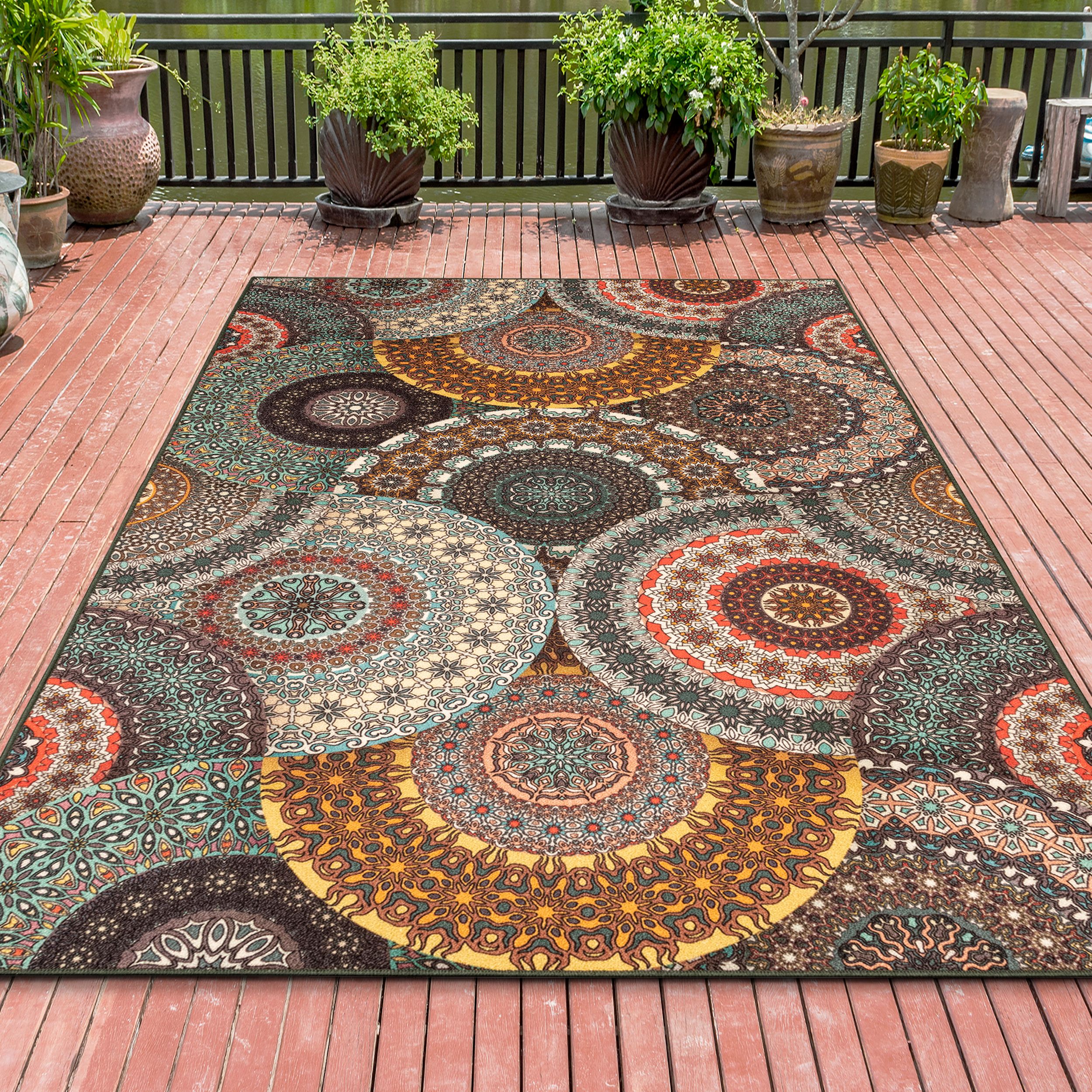 8 x 8 ft. Round Jacobean Floral Indoor Outdoor Area Rug - Blue & Grey ...