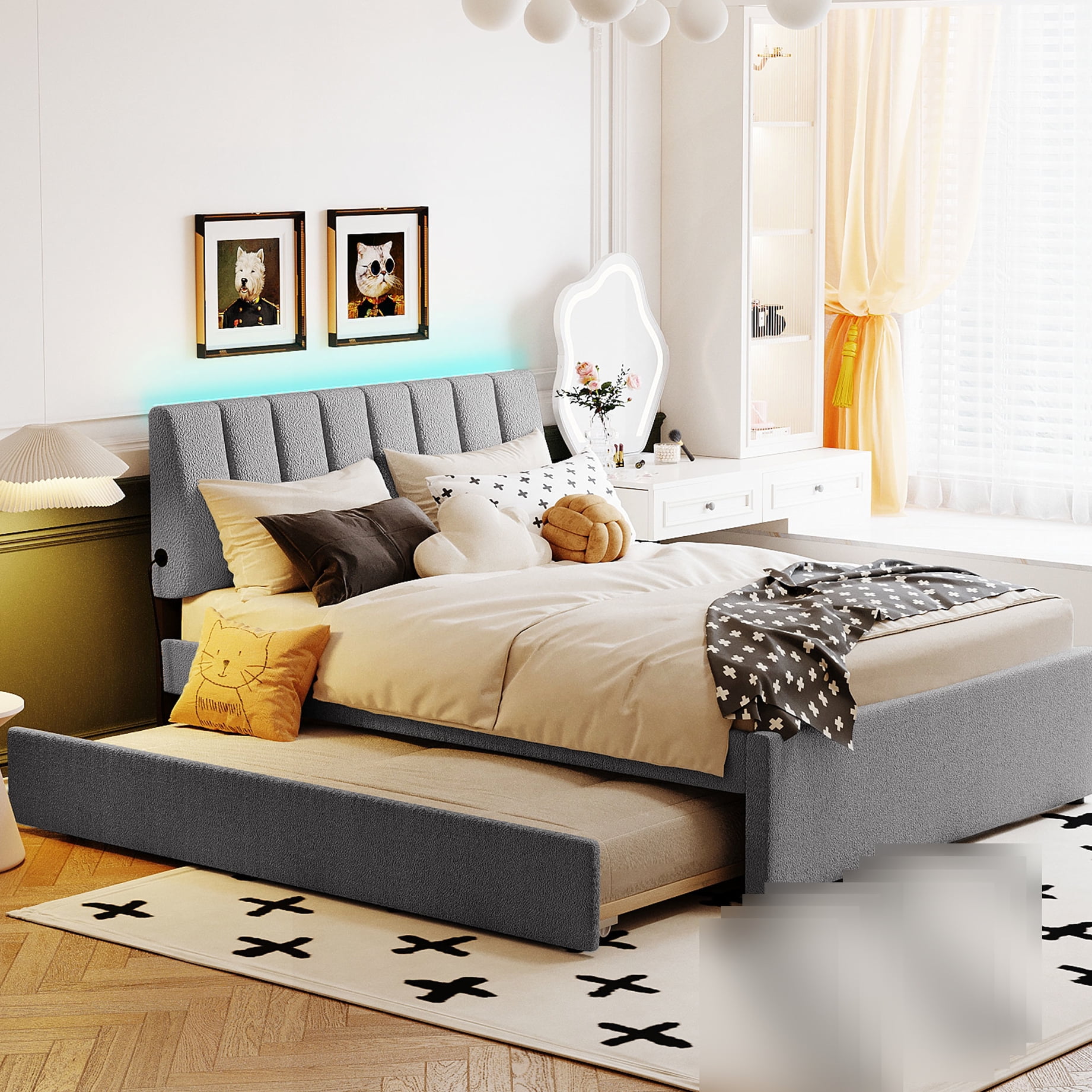 Impressive Gray Fleece Upholstered Platform Bed With Twin Trundle ...