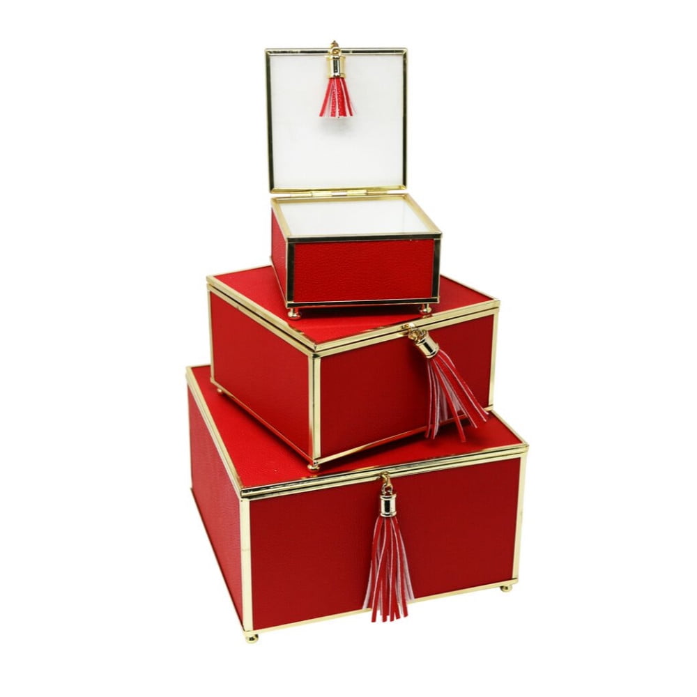 Benzara BM162573 Impressive Red Storage Boxes with Tassel - Set of 3 ...