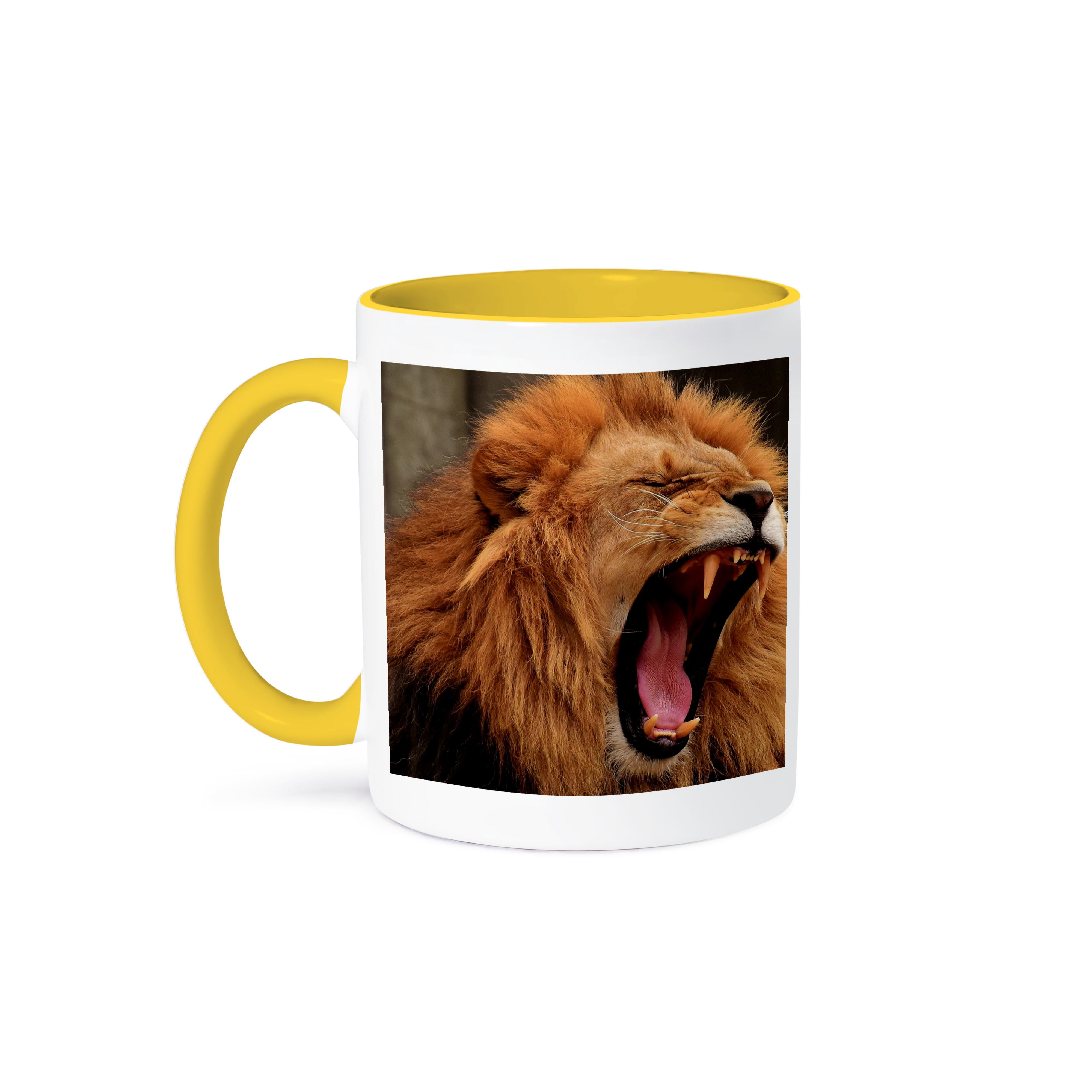 Impressive Roaring Lion Wildlife Photography, 15oz Two-Tone Yellow Mug ...