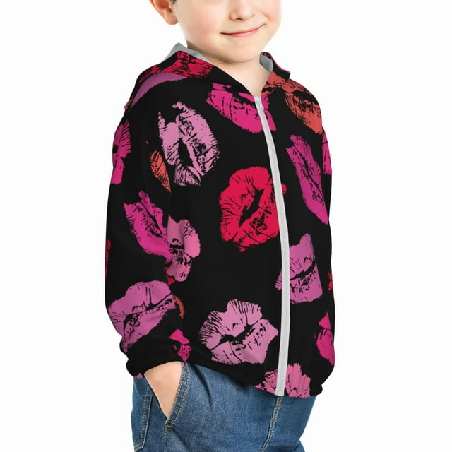 Imprint Kiss Red Lips Kids Zip-Up Hoodie Girls Boys Sun Protection Jacket Hooded Cooling Shirt ...