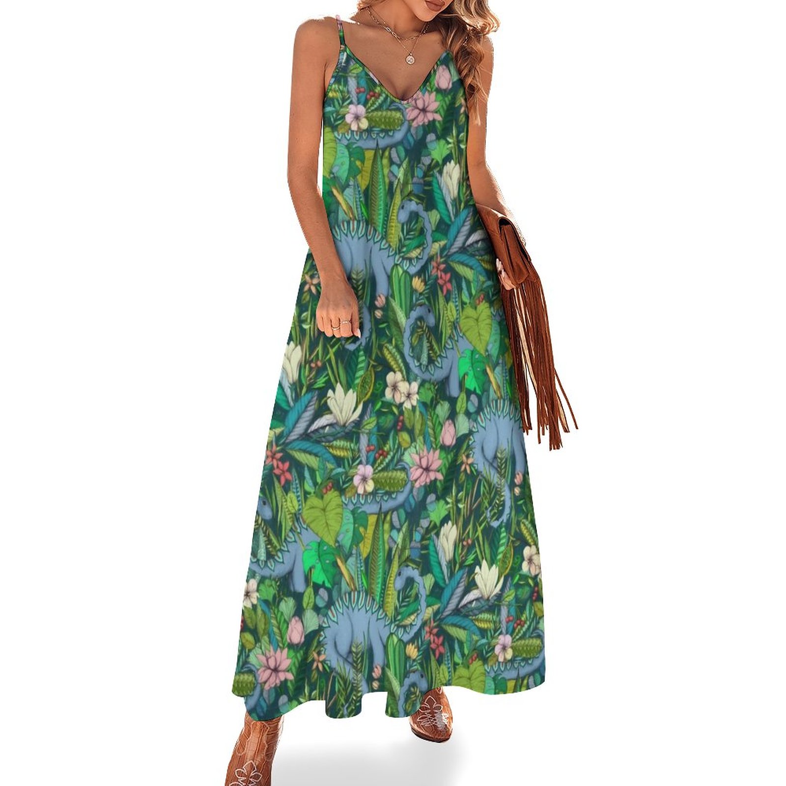 Improbable Botanical with Dinosaurs - dark green Sleeveless Dress women ...