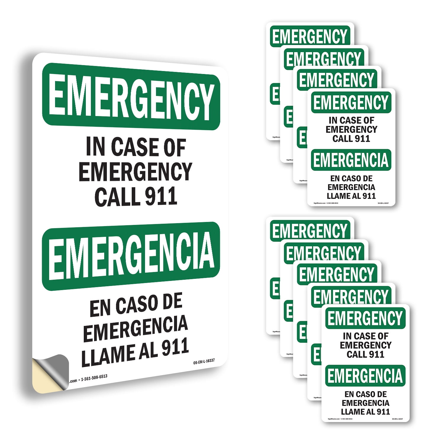 In Case Of Call 911 Bilingual OSHA Emergency Vinyl Decal Label 10 Inch ...