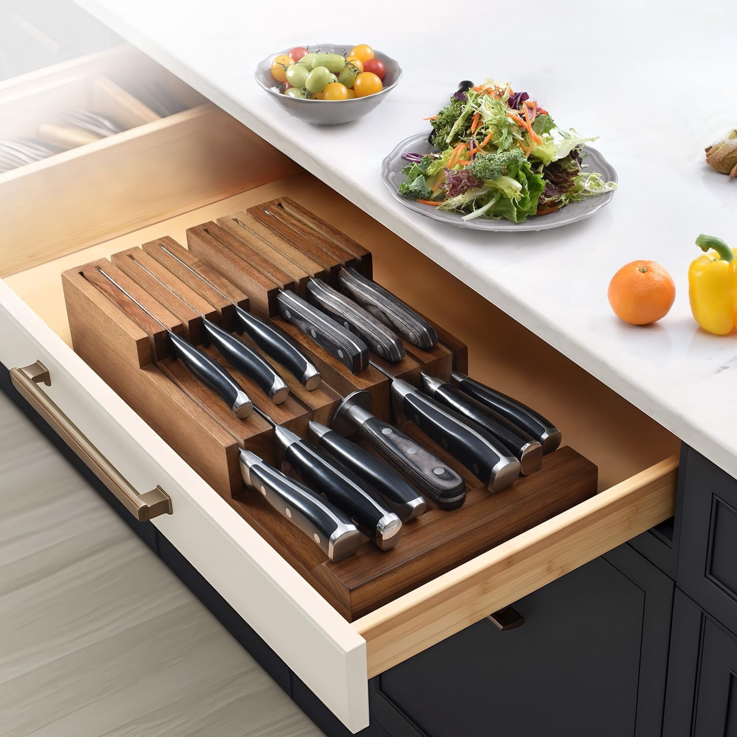 In-Drawer Knife Block, Acacia Wood Kitchen Knife Drawer Organizer ...