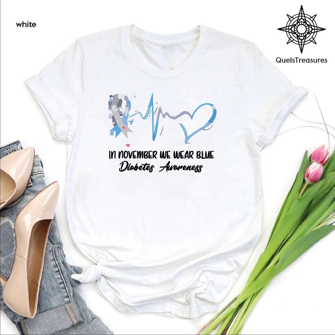 In November We Wear Blue T-Shirt, Blue Ribbon Shirt, Diabetes Heartbeat ...