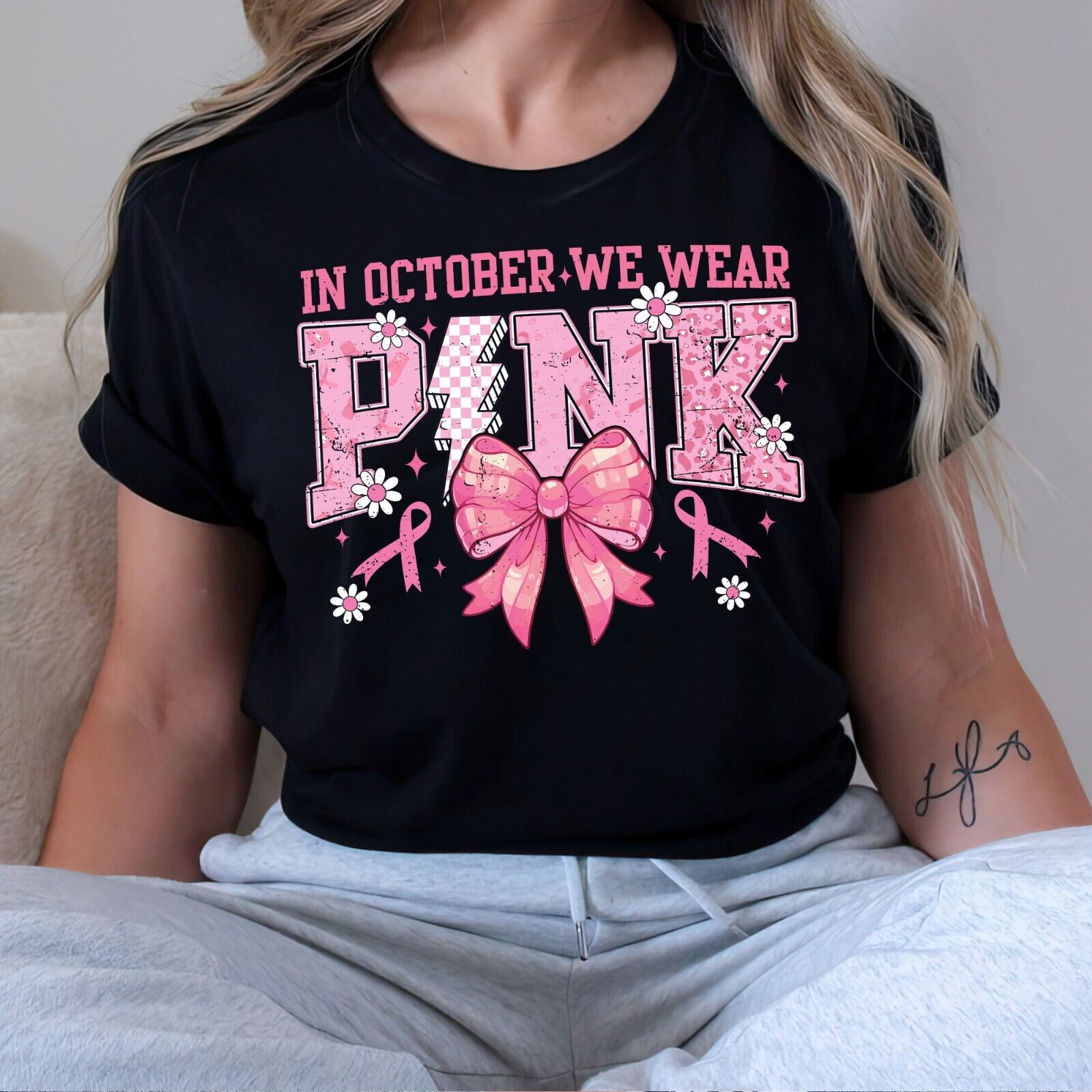 In October We Wear Pink Breast Cancer Awareness Coquette Bow Shirt ...