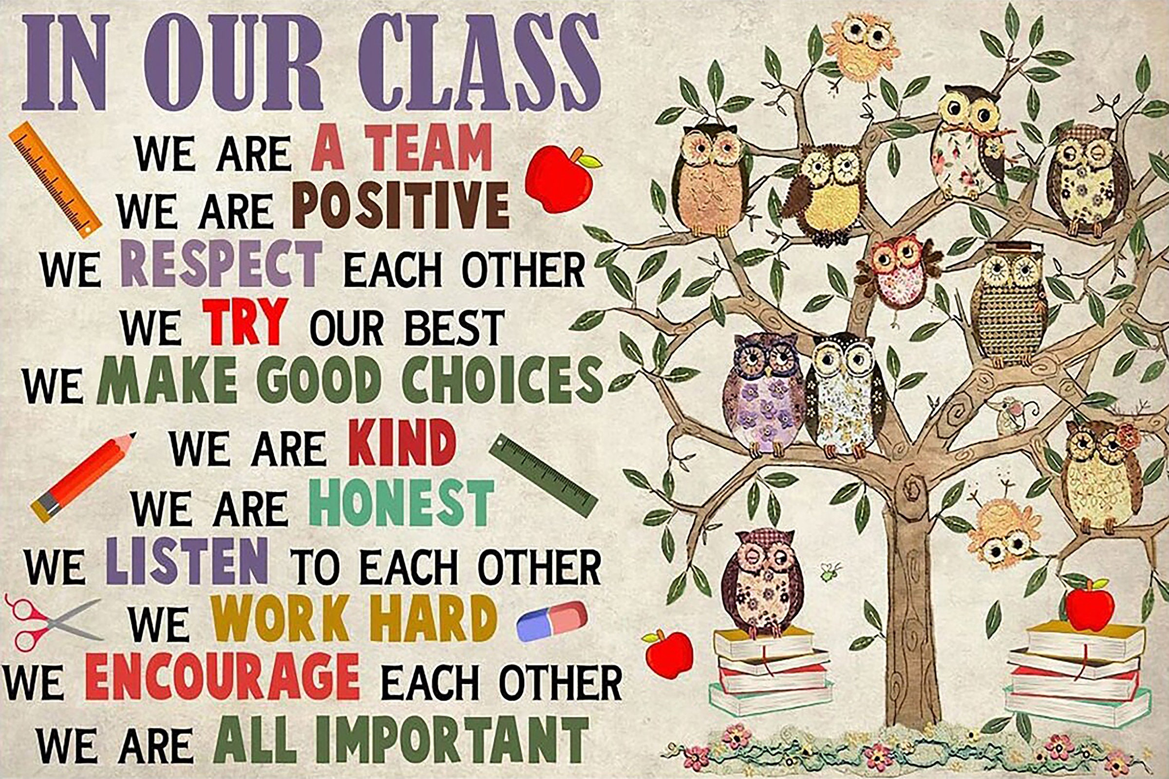 In Our Class We Are A Team Owl Tree, Wall Art Classroom Room Decor ...