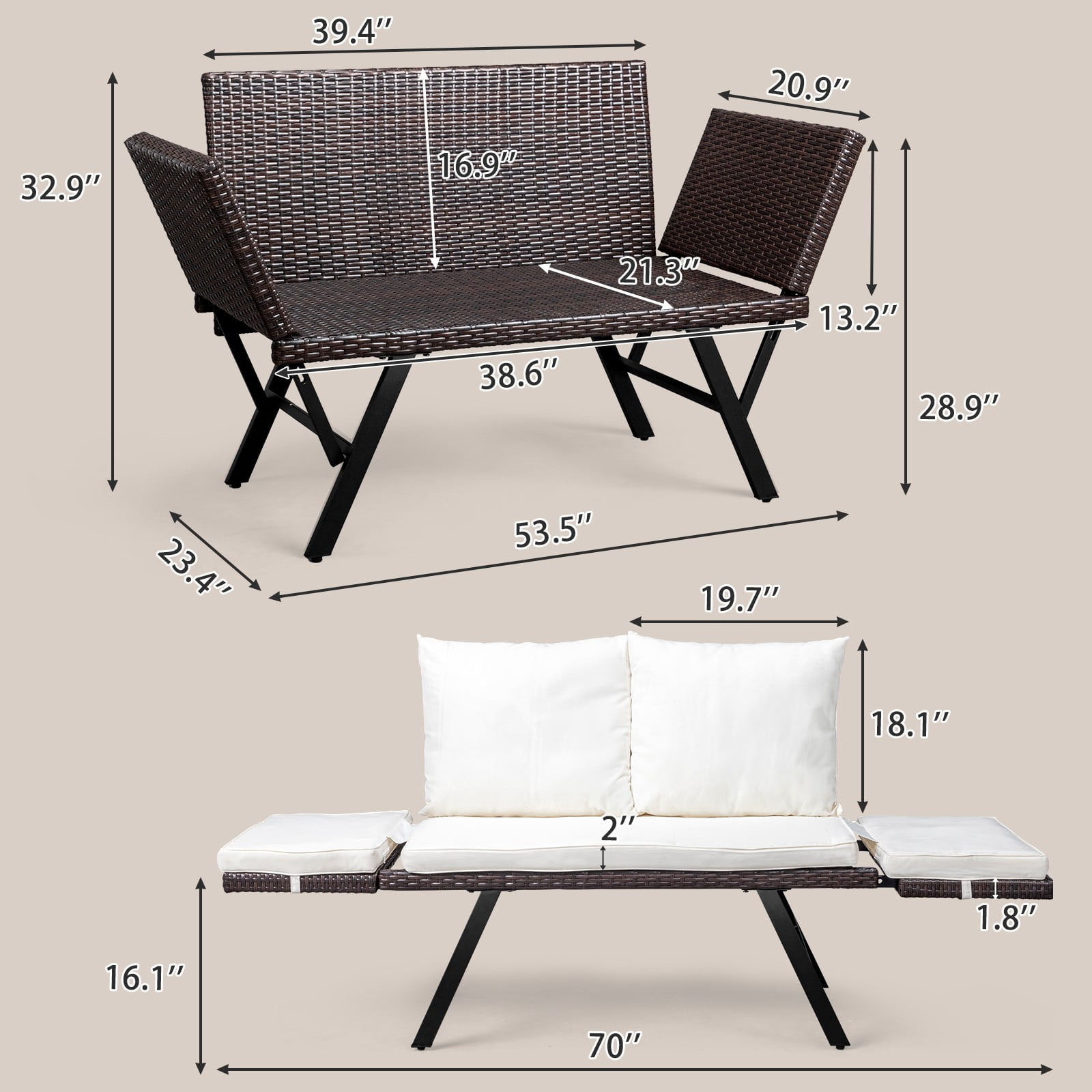 In/Outdoor Rattan Patio Convertible Daybed or Double Chairs with ...