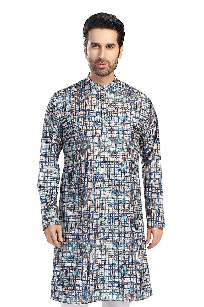 In-Sattva Men's Cotton Folk Print Banded Sattva-Collar Knee-Length ...