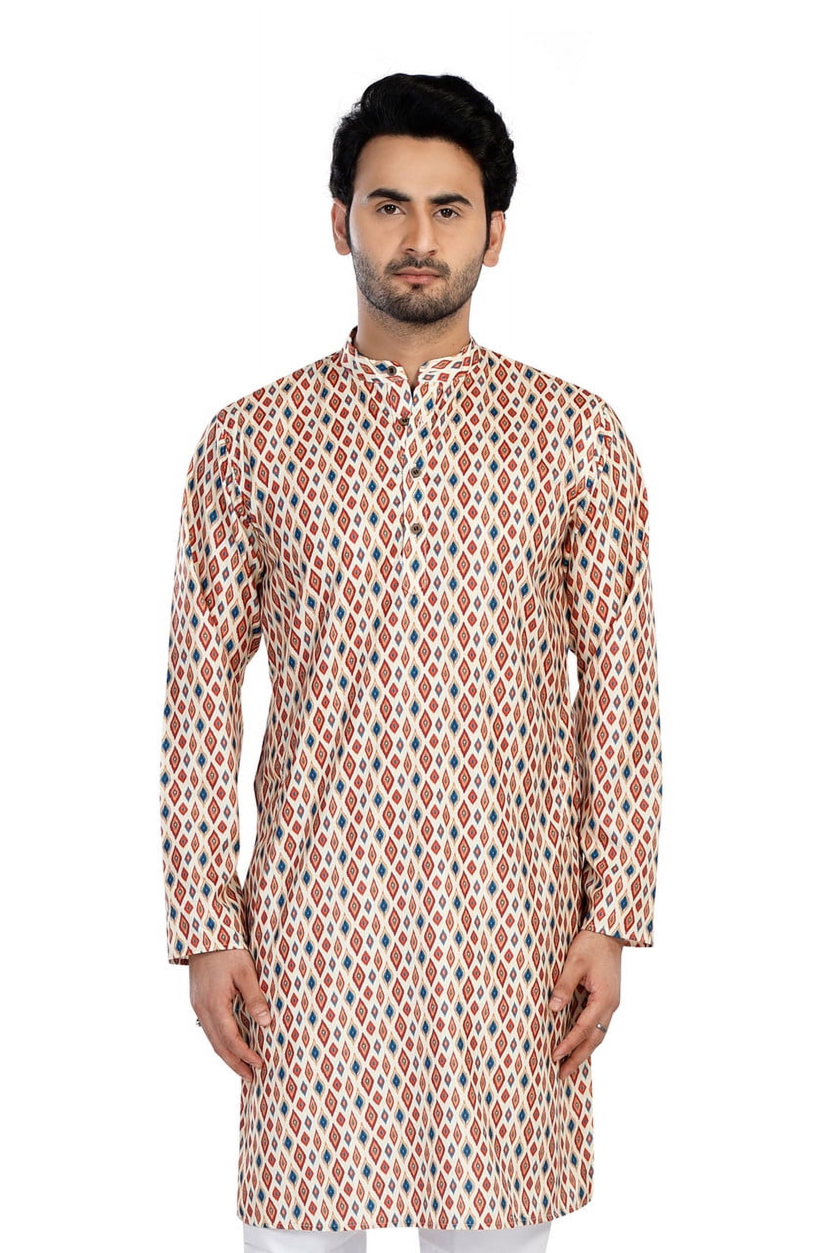 In-Sattva Men's Cotton Folk Print Banded Sattva-Collar Knee-Length ...