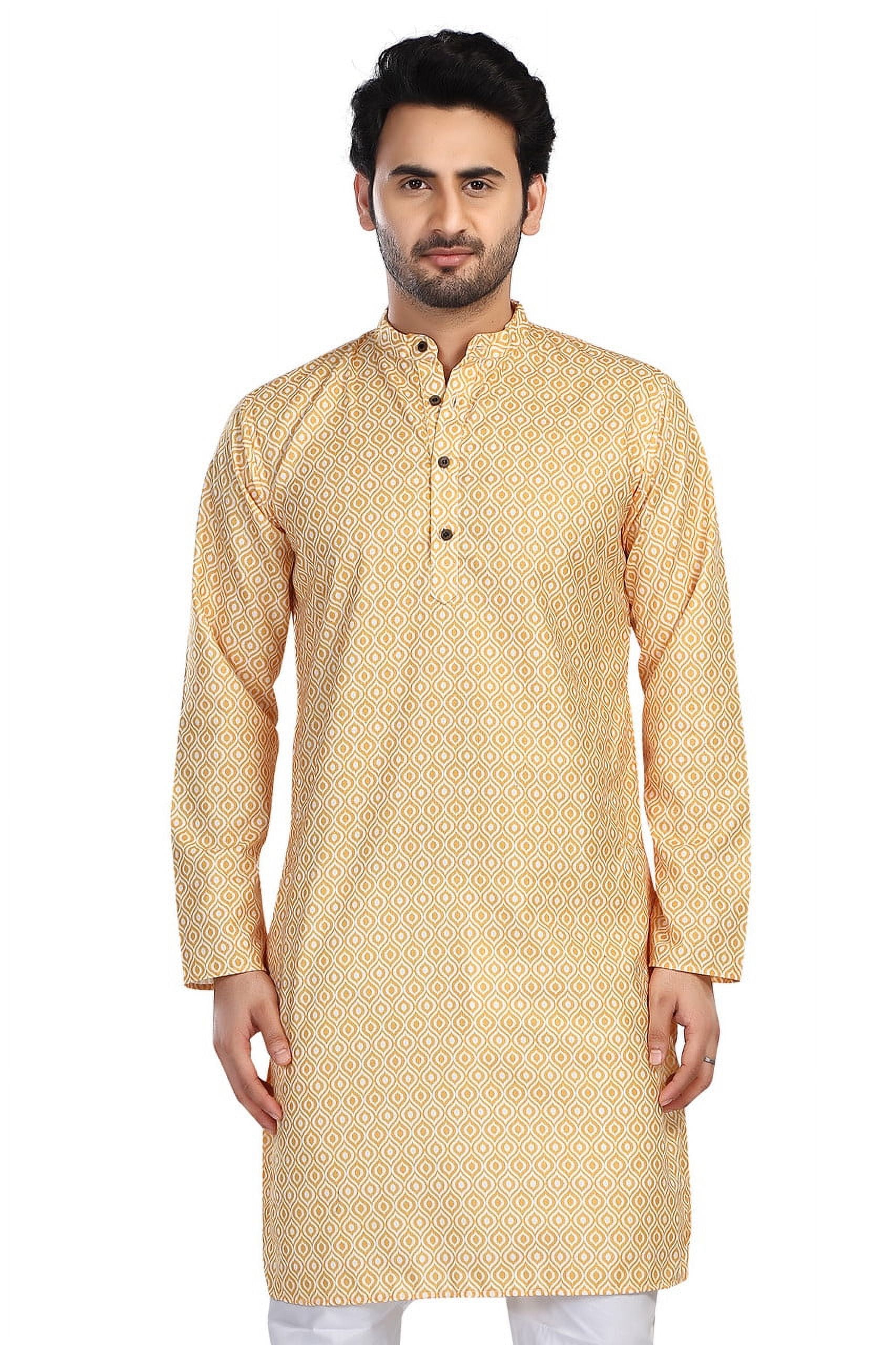 In-Sattva Men's Cotton Folk Print Banded Sattva-Collar Knee-Length ...