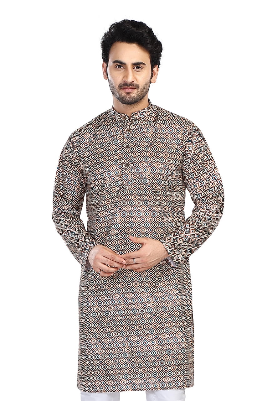 In-Sattva Men's Cotton Folk Print Banded Sattva-Collar Knee-Length ...