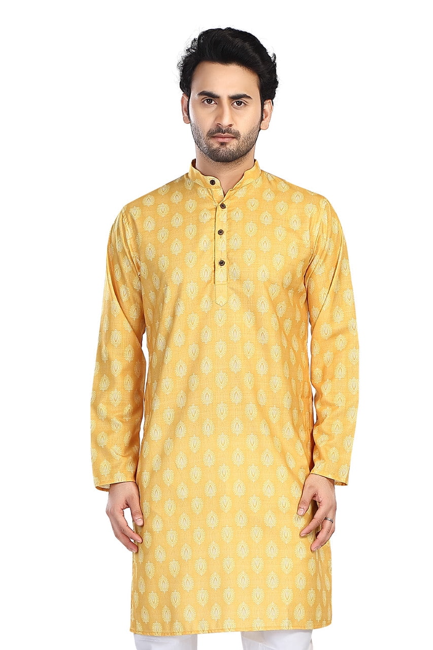 In-Sattva Men's Cotton Folk Print Banded Sattva-Collar Knee-Length ...