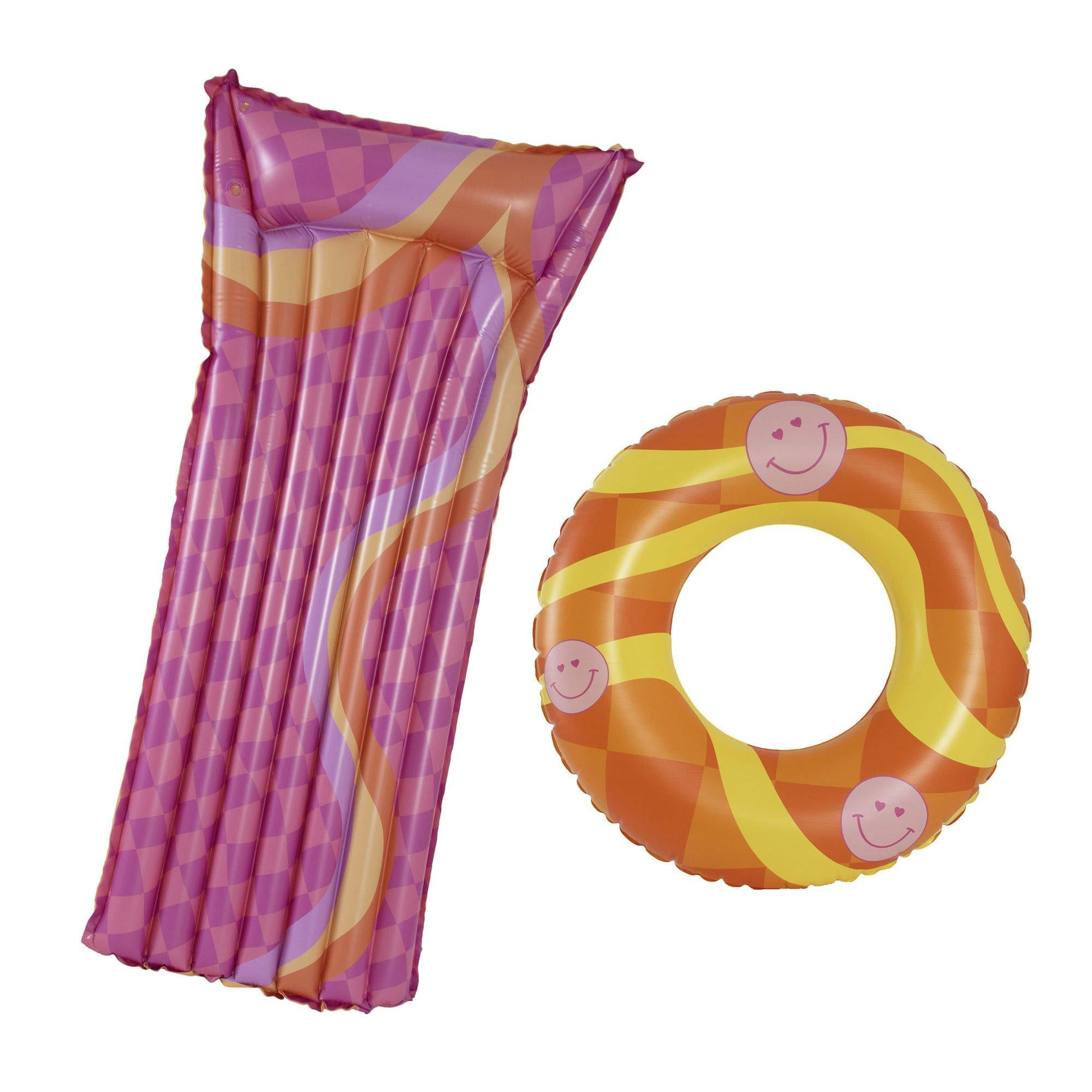 In The Swim Smiley Graphic Inflatable Tube and XL Pillow Raft Pool ...