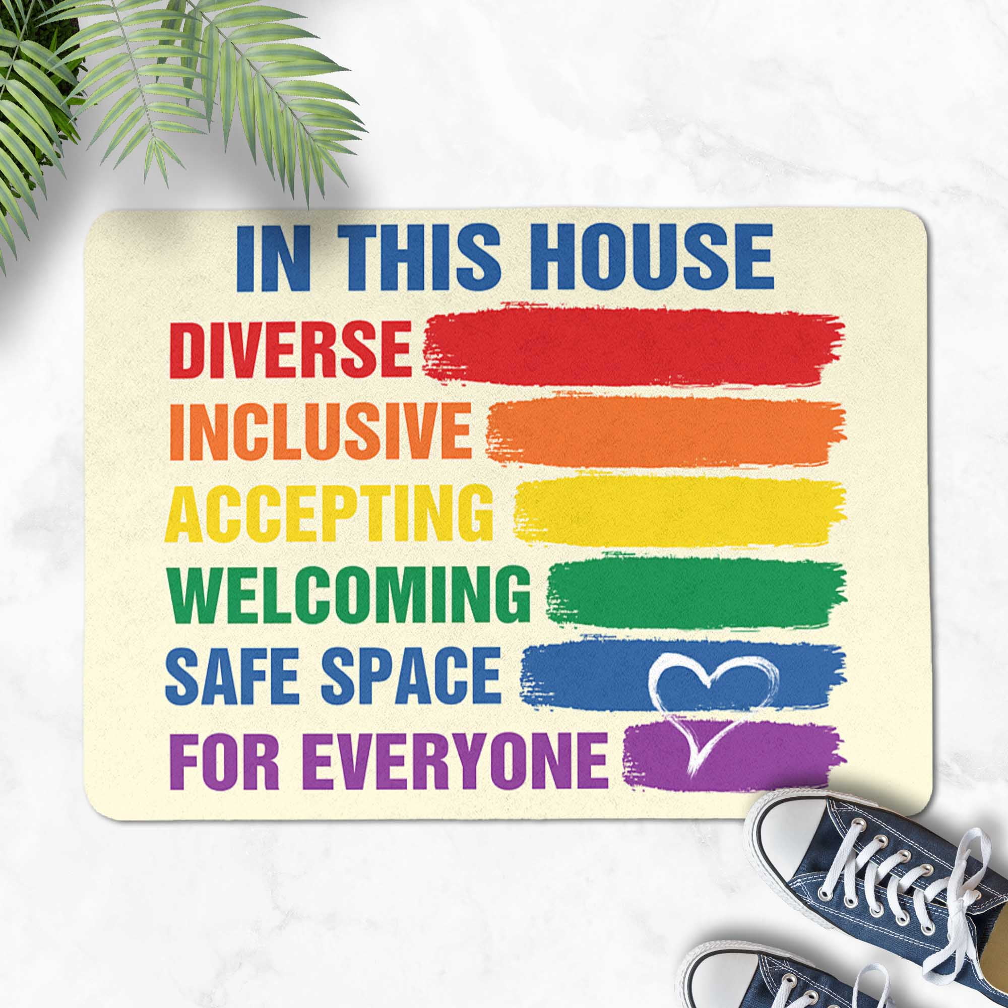In This House Doormat – Rainbow Stripes with Inclusive, Accepting, Safe ...
