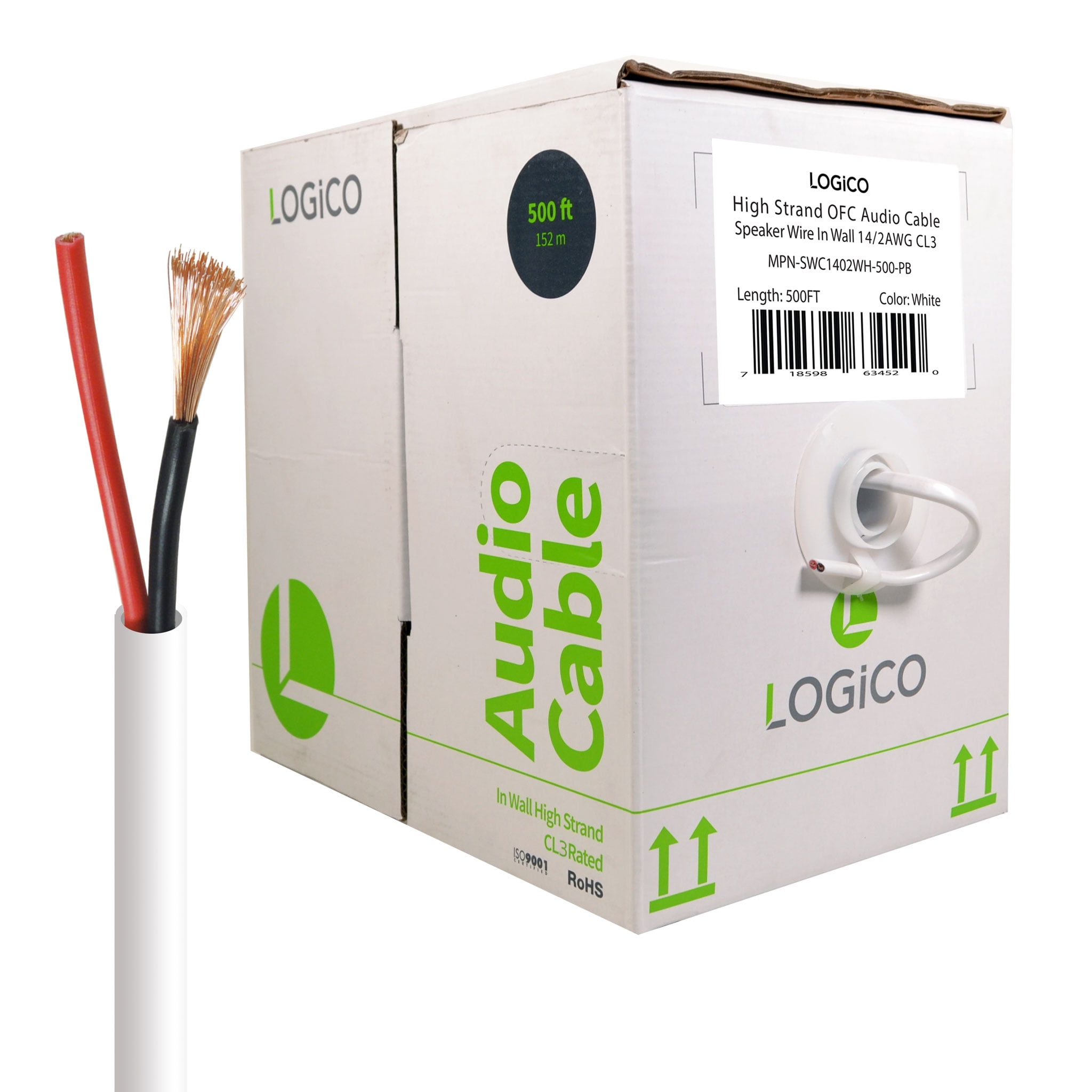 In Wall Audio Speaker Cable 14/2 Gauge/AWG OFC Pure Copper 500ft White ...