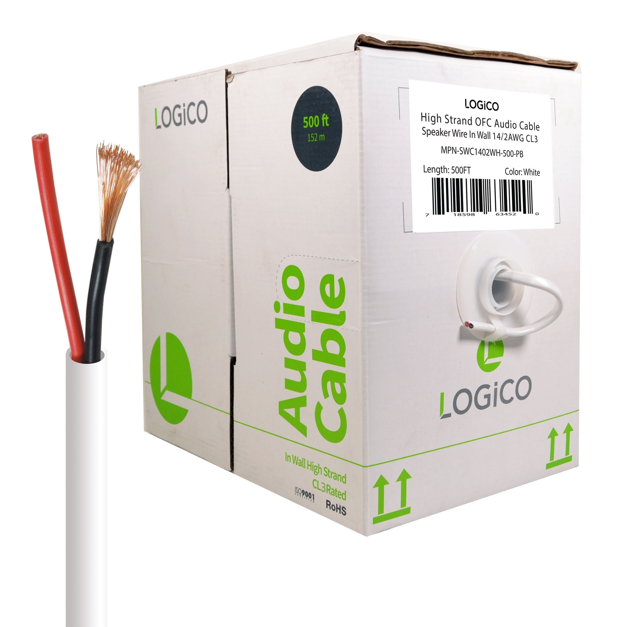 In Wall Audio Speaker Cable 14/2 Gauge/AWG OFC Pure Copper 500ft White ...