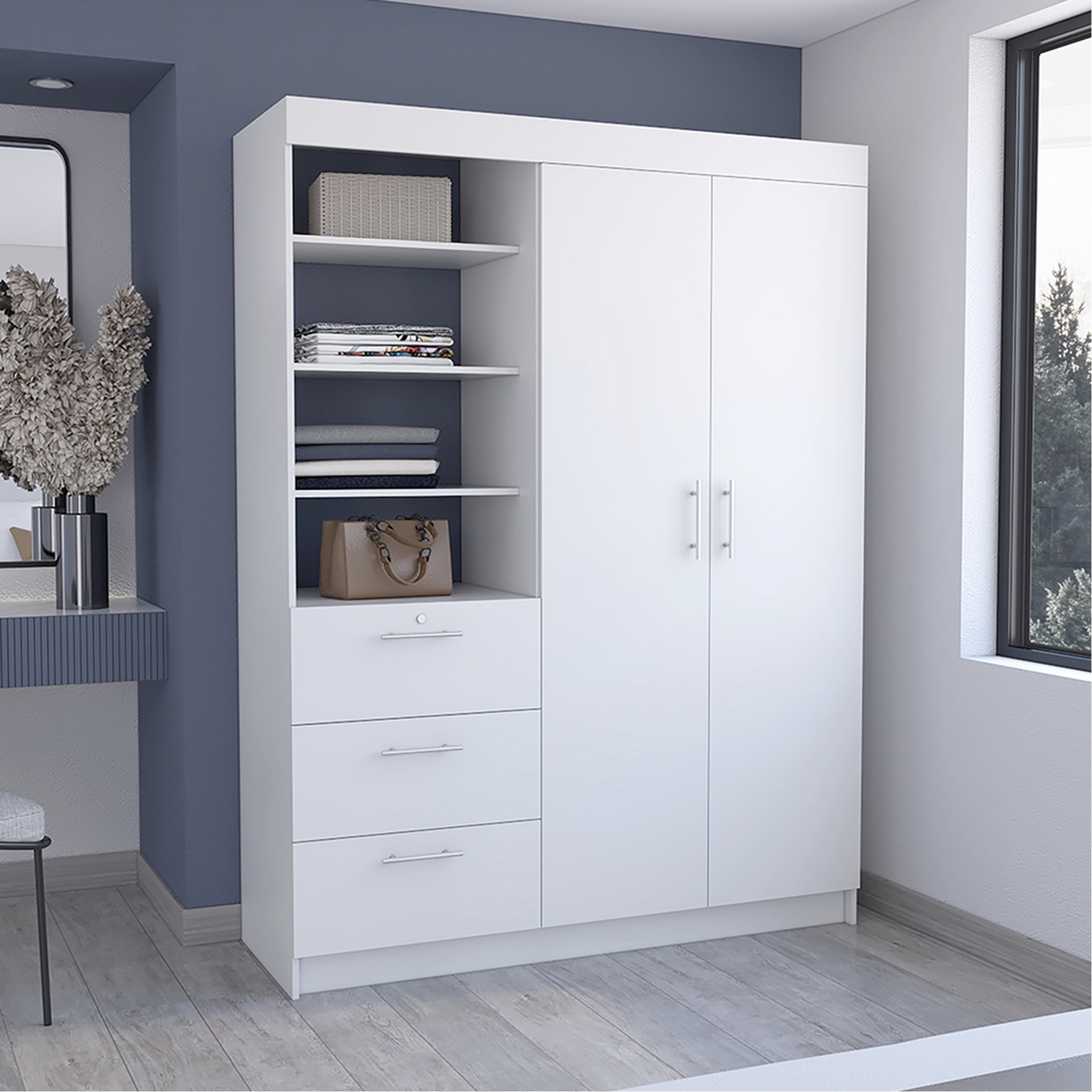 In White With 3 Drawers And Double Door - 3 Shelf Metal Handles For ...