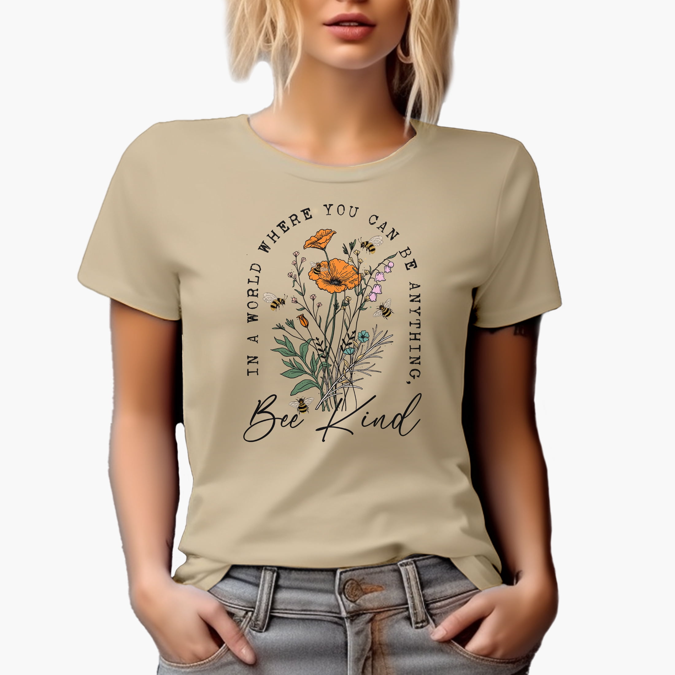 In a World Where You Can Be Anything, Bee Kind Quote with Flowers Art ...
