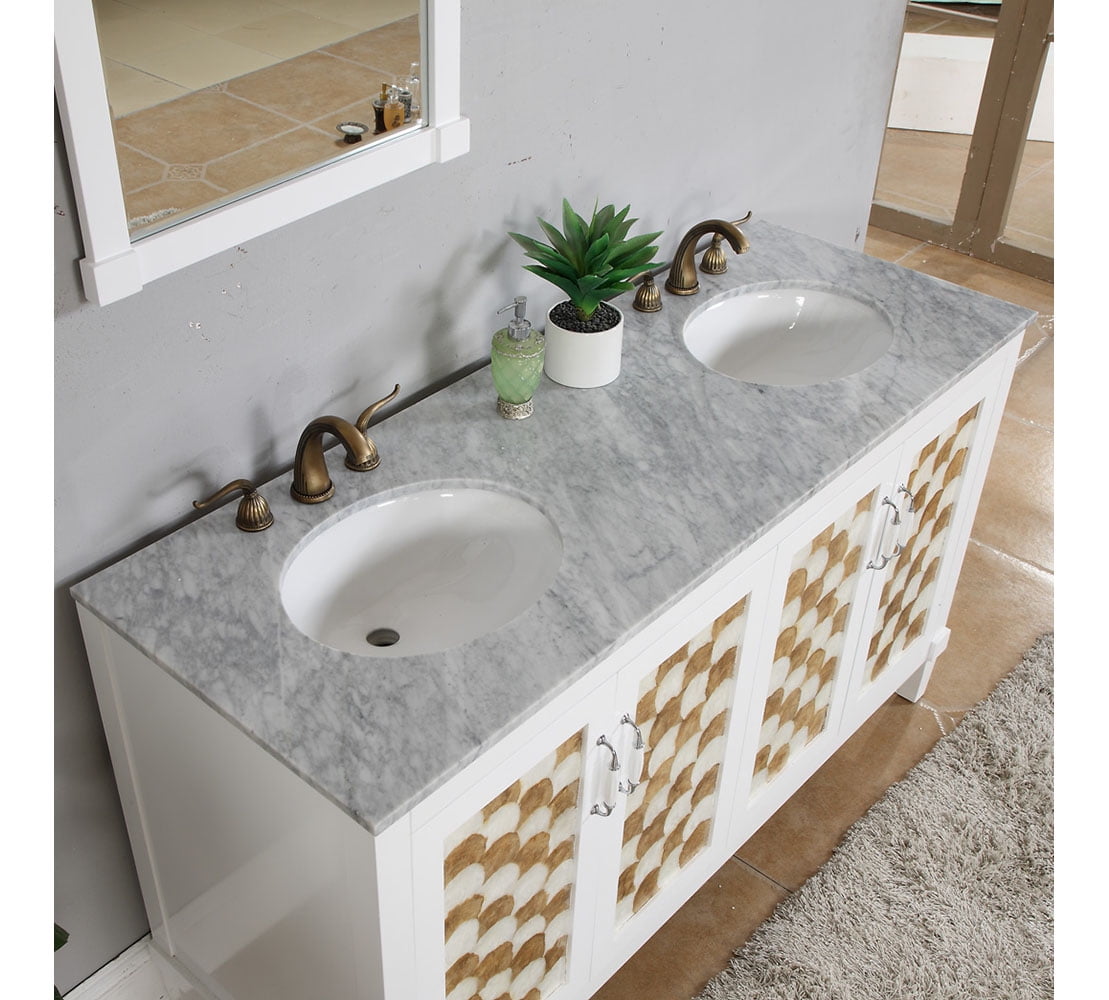 InFurniture 60" Seashell Panel Double Sink Bathroom Vanity with Carrara ...