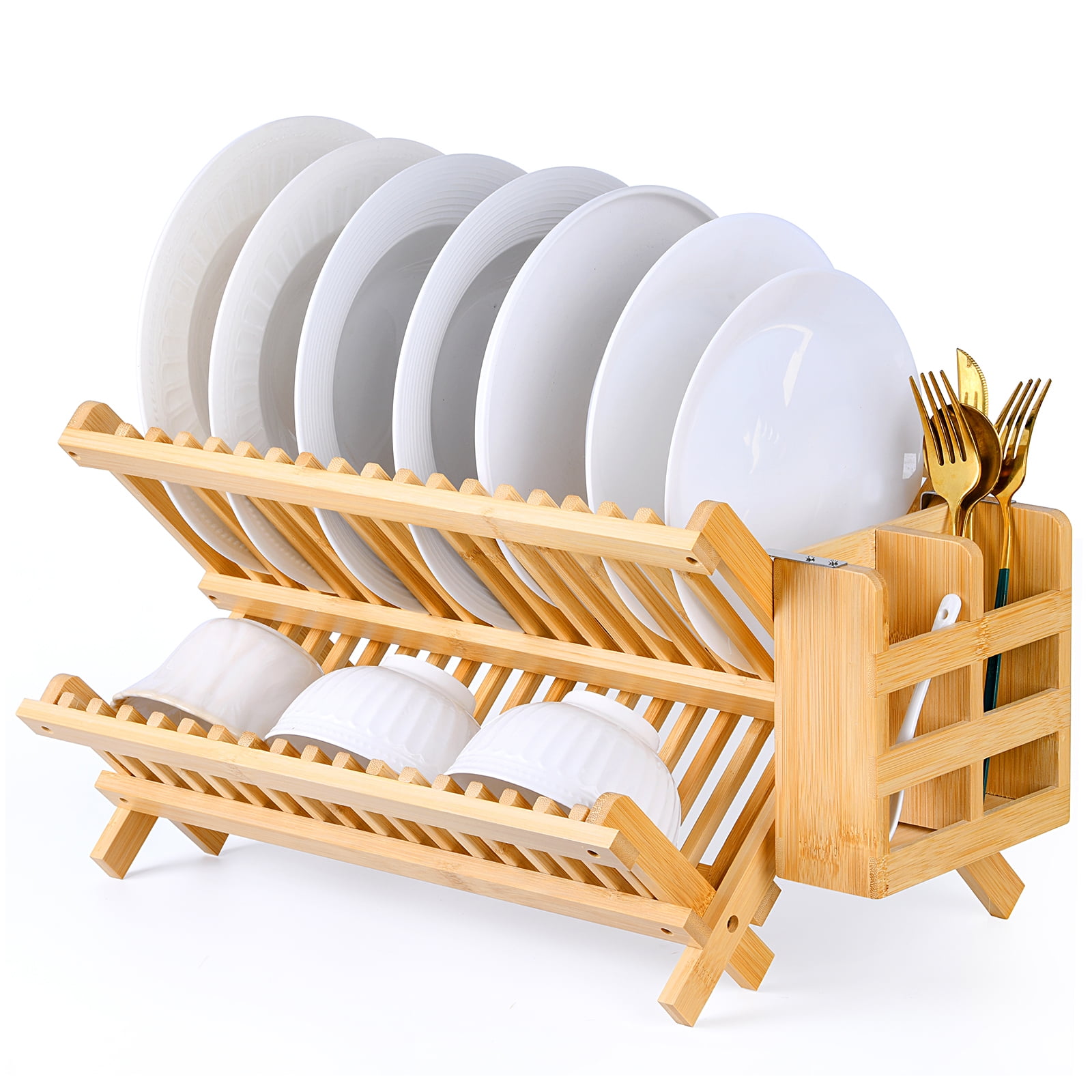 InKitch Dish Rack, Bamboo Folding 2-Tier Collapsible Drainer Dish ...
