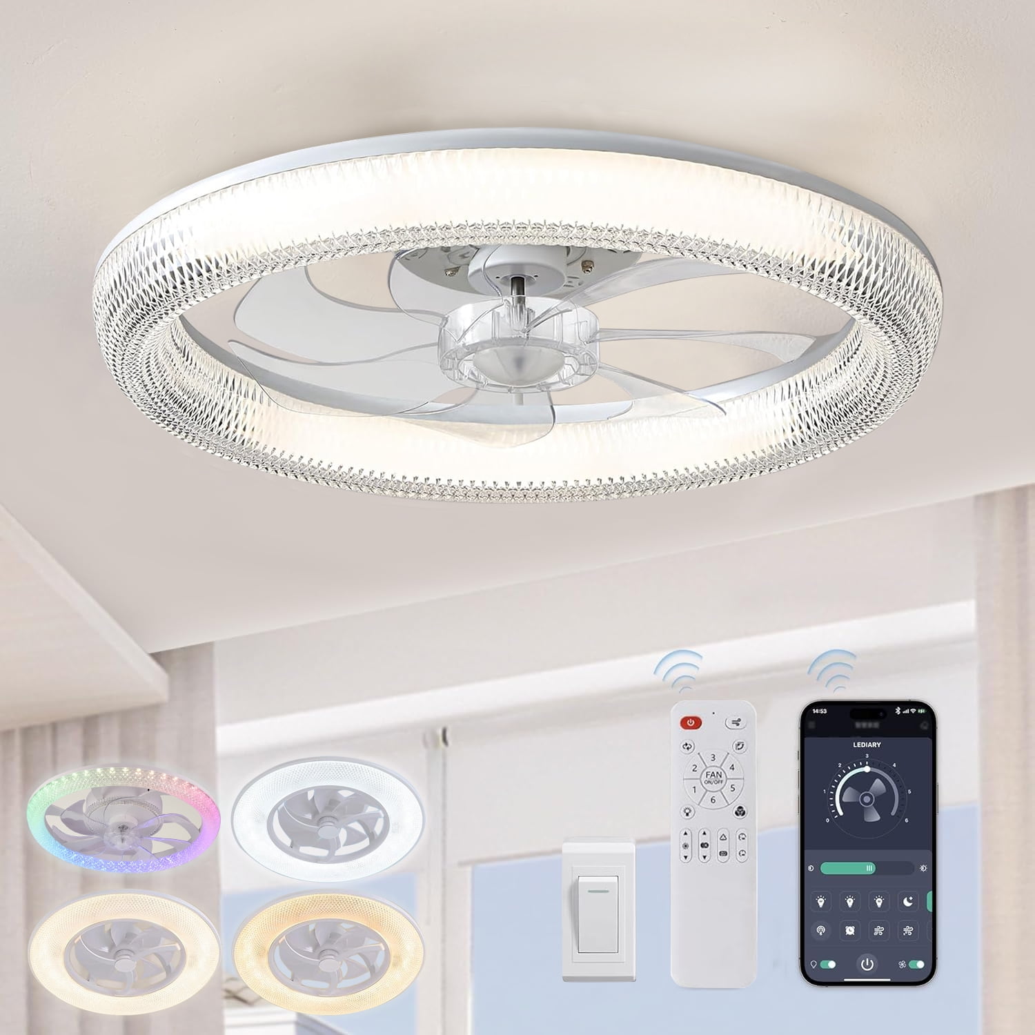 Inadays 20'' Bladeless LED Ceiling Fan with Dimmable RGB Lights, Smart ...