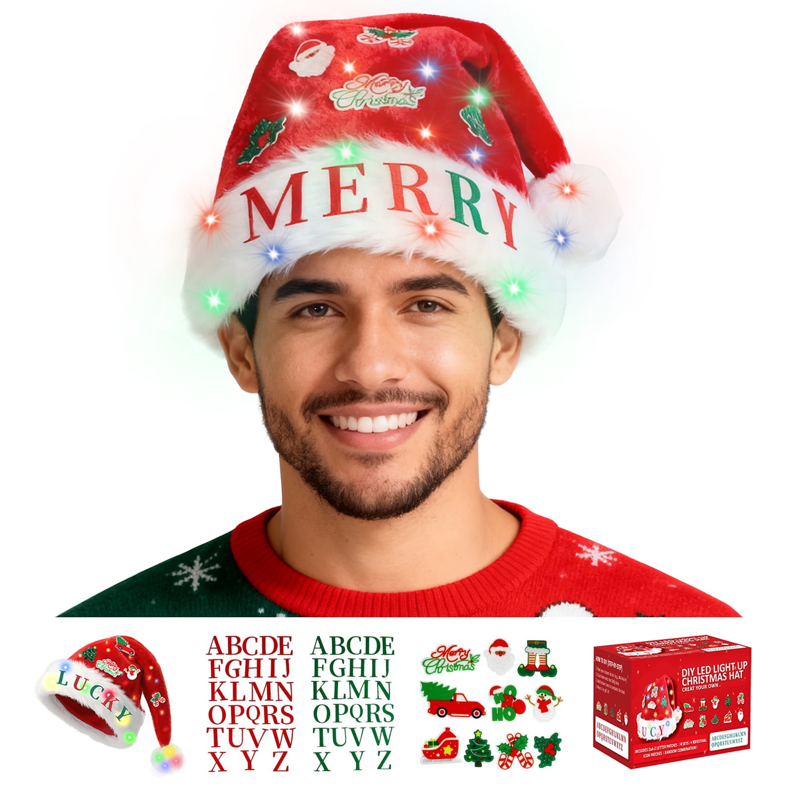 Inadays Christmas Hat with Light DIY Set with 2 Set A-Z Green and Red ...
