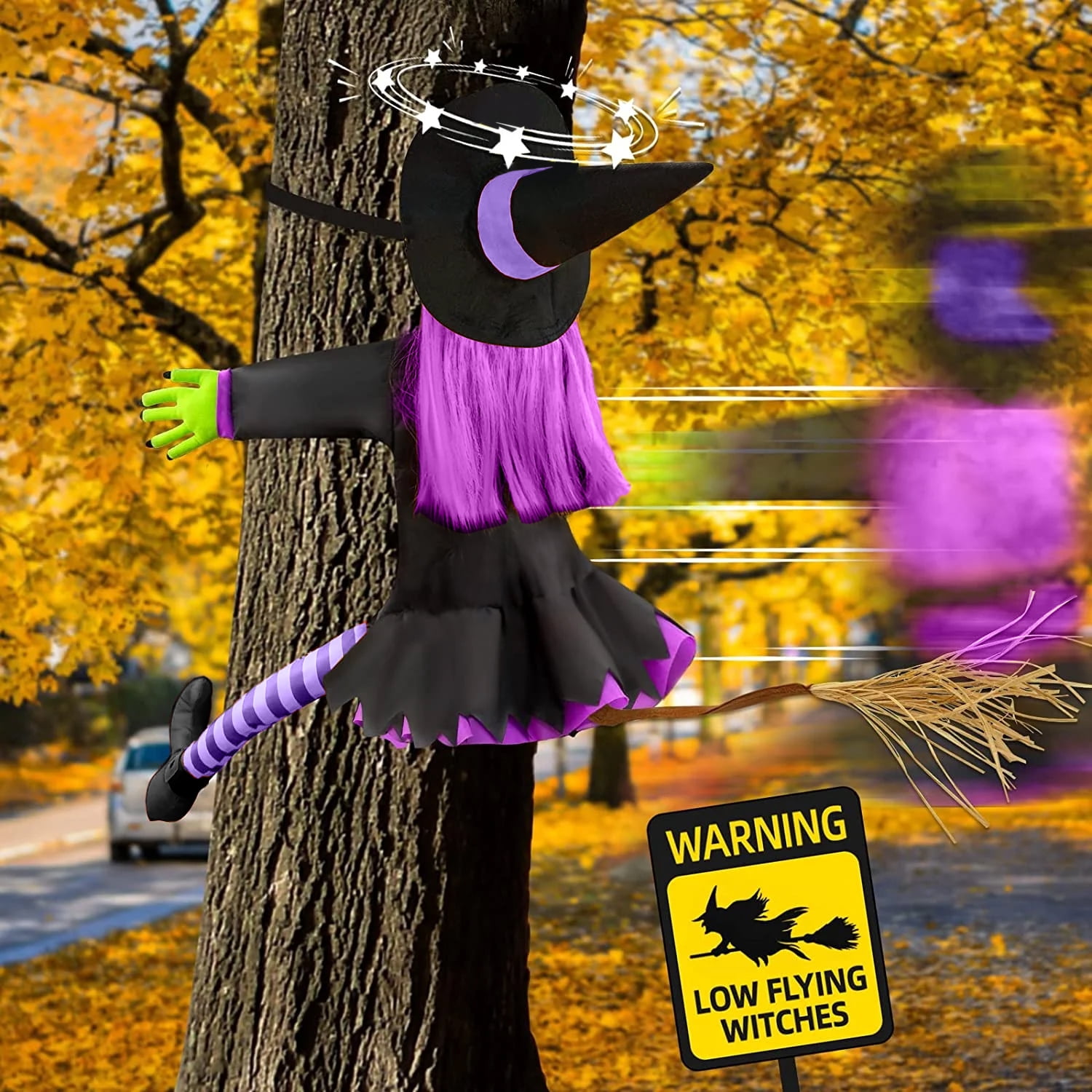 DAKIMOE Halloween Decoration Outdoor Witches Crashing Into Tree Outdoor ...