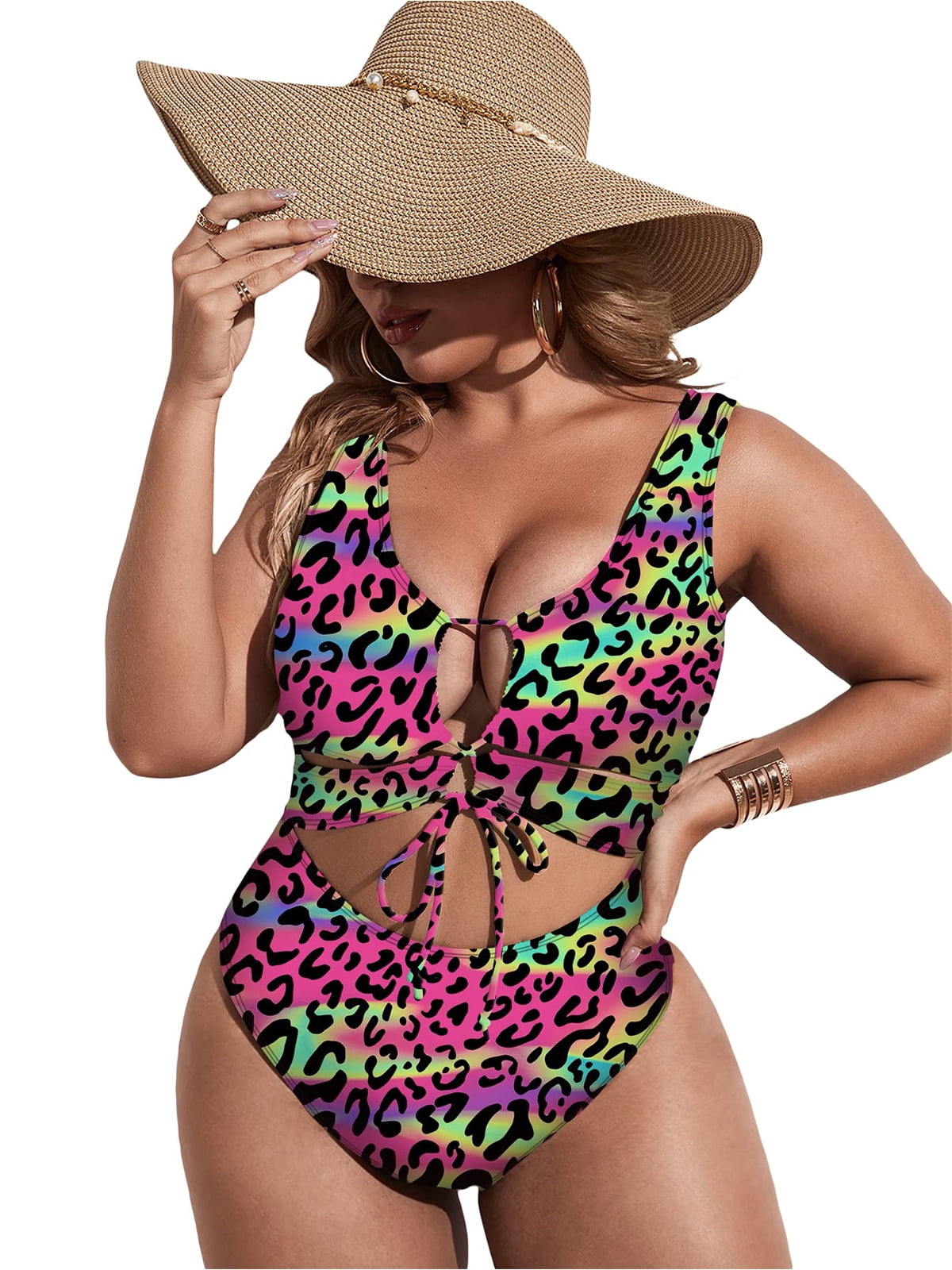 Inadays Plus One Piece Bathing Suit For Women Sexy Leopard Swimsuit Cut Out Tie Front Wireless
