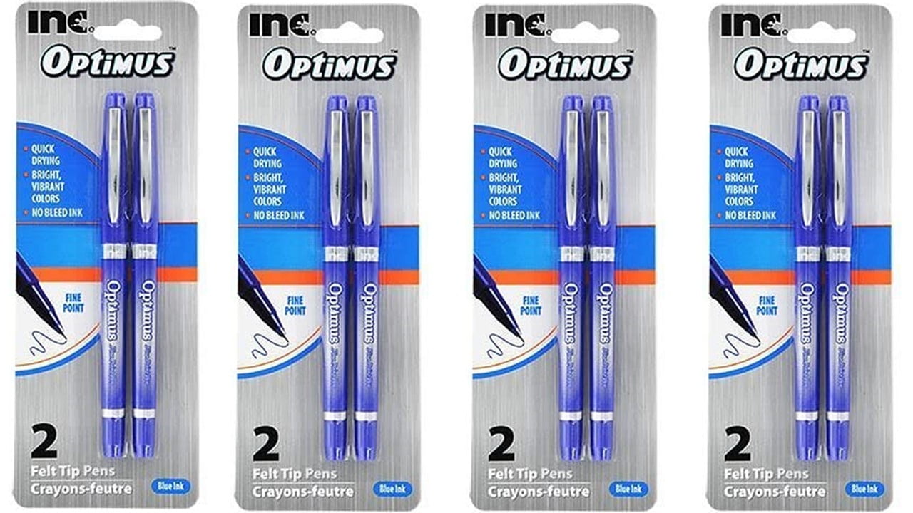 Inc. Optimus Felt Tip Fine Point Pens, No Bleed Blue Ink, 4 Pack, 8 ...