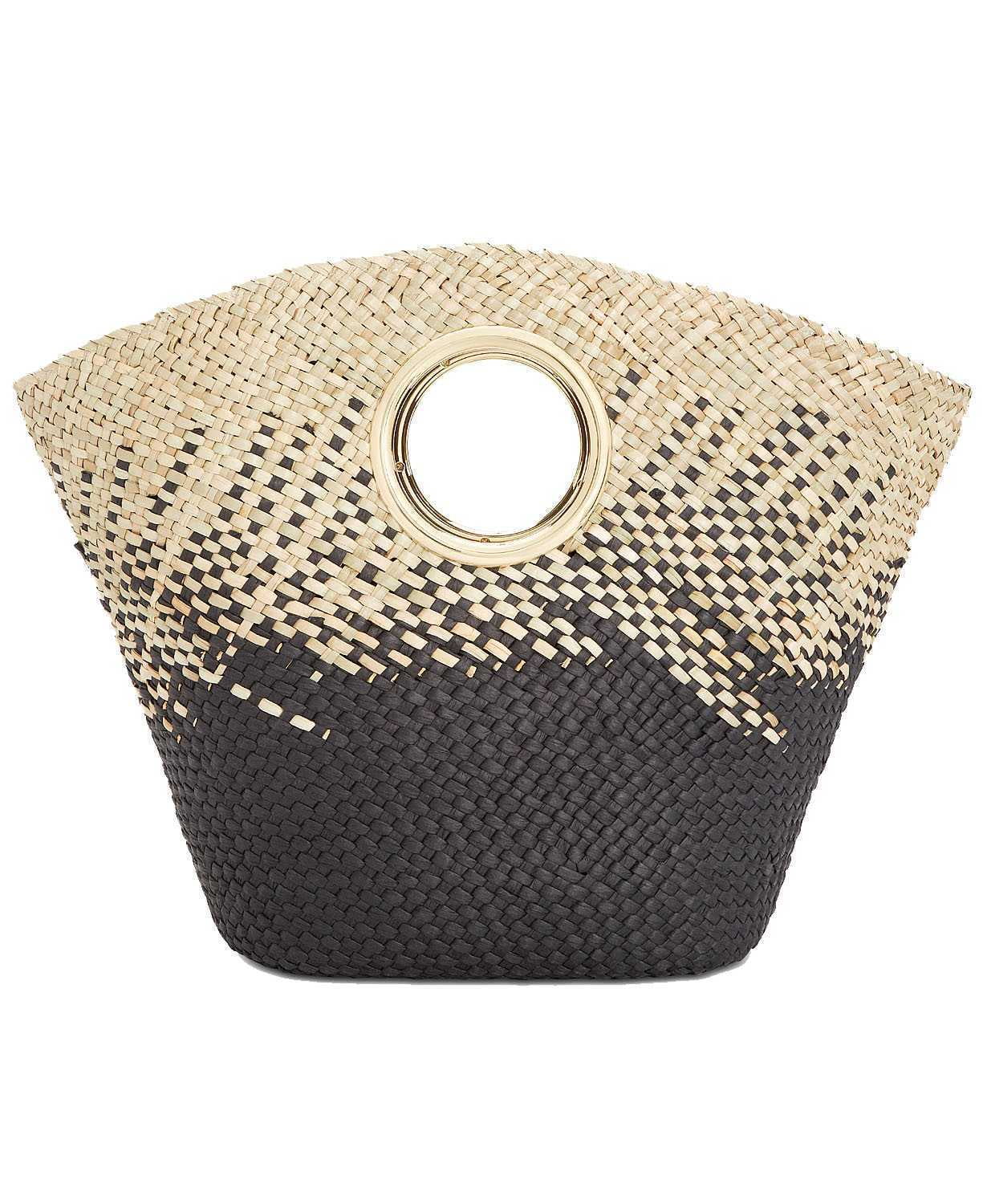 Inc Straw Two-Tone Large Straw Bag Summer Beach Tote Bag Title: Black ...