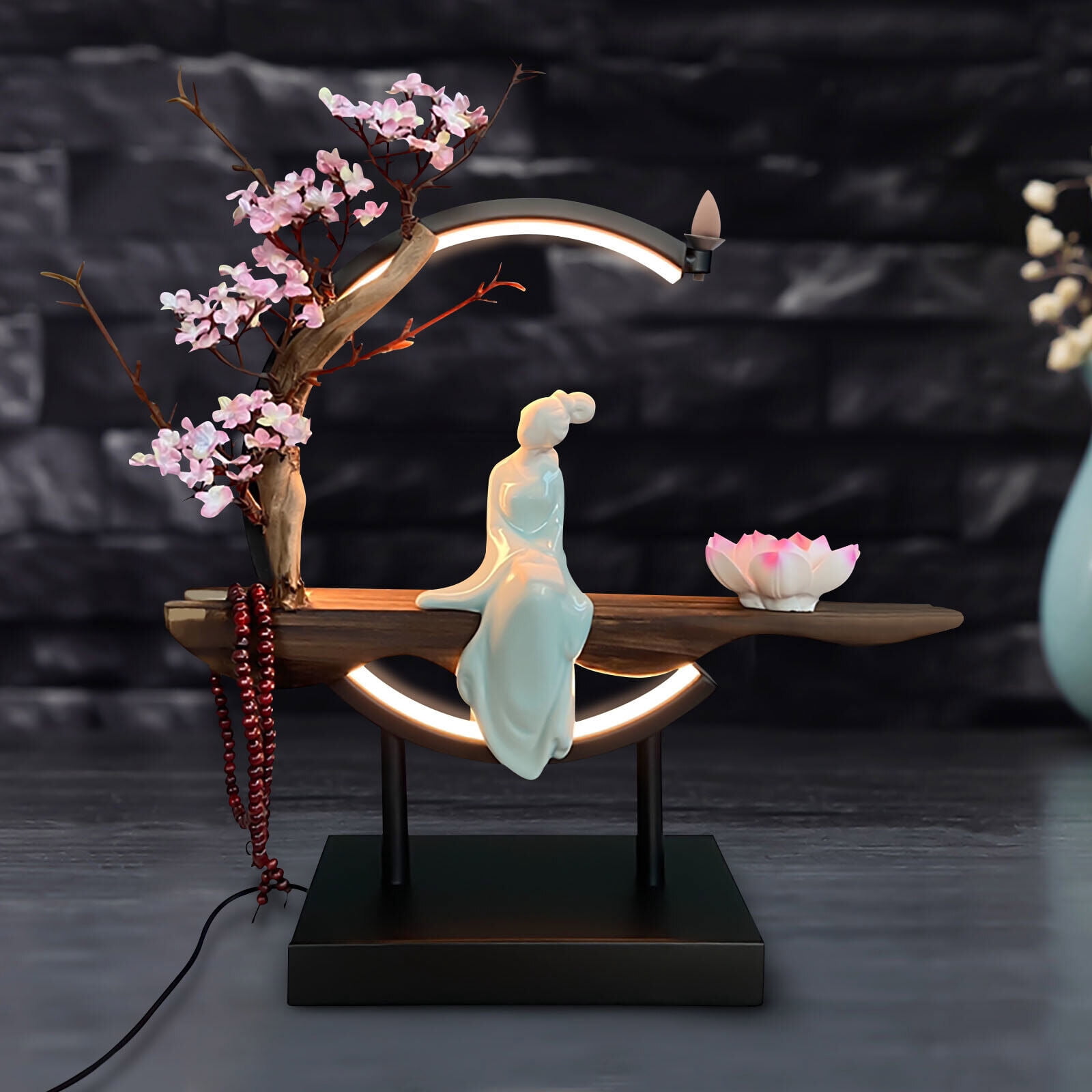 Incense Burner with Peach Blossom LED Light Backflow Waterfall Incense ...