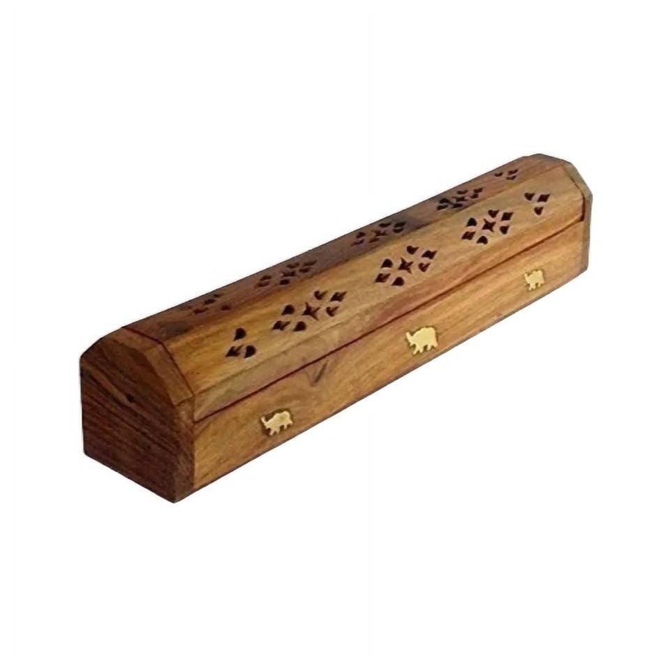 Incense Holder Box Wooden Incense Burner - Brass Inlays & Storage ...