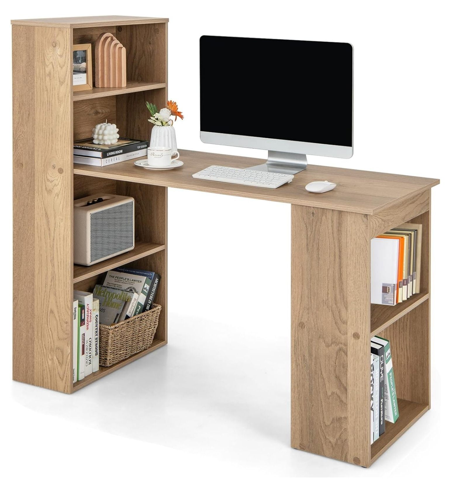 Inch Computer Desk with Bookshelf, Reversible Study Writing Desk with ...