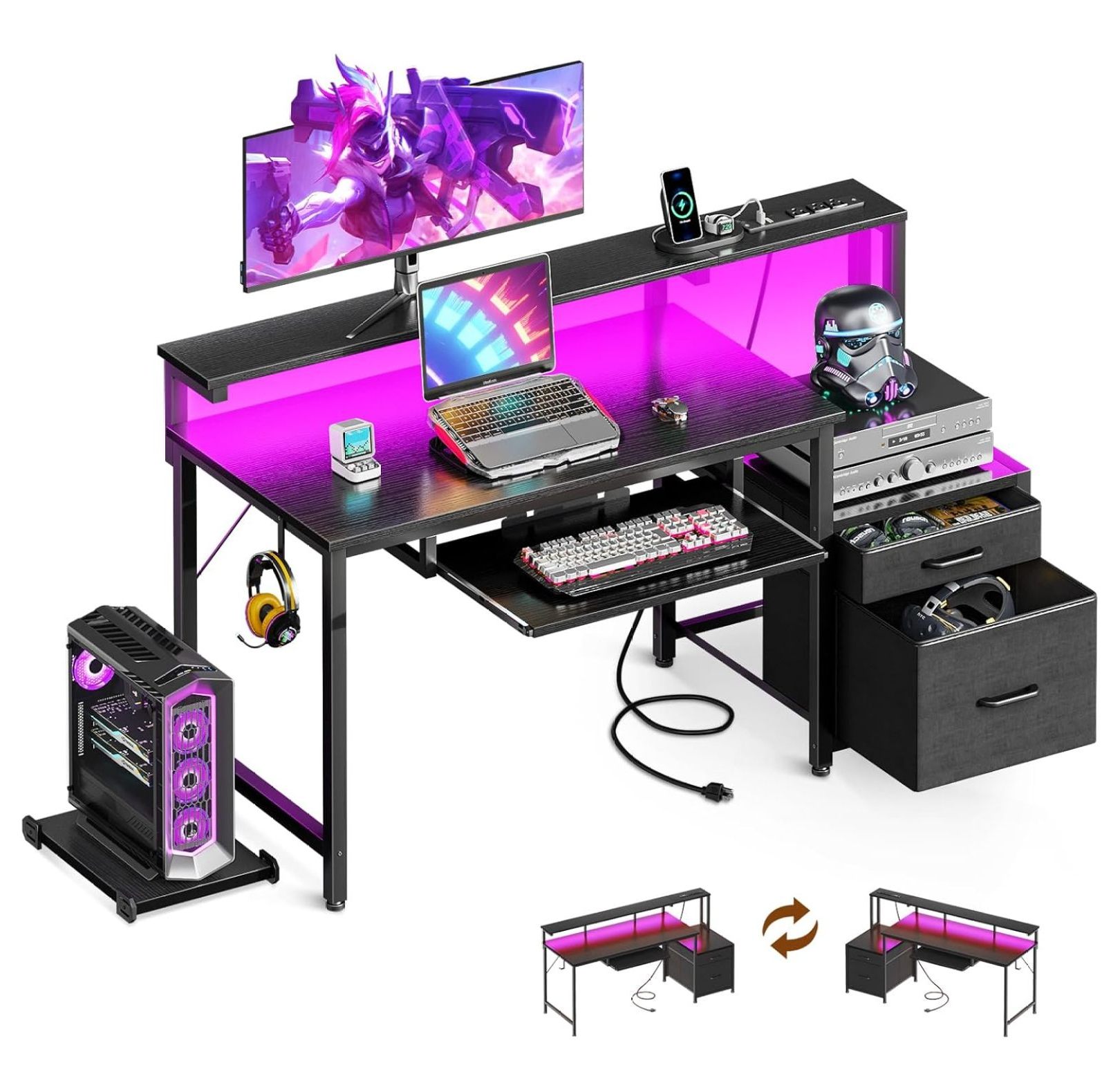 -Inch Gaming Desk with Power Outlets & LED Light, Reversible PC Desk ...