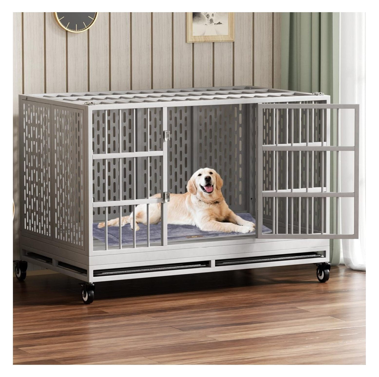 Inch Heavy Duty Dog Crate with Wheels, Folding Metal Big Dog Cage for ...