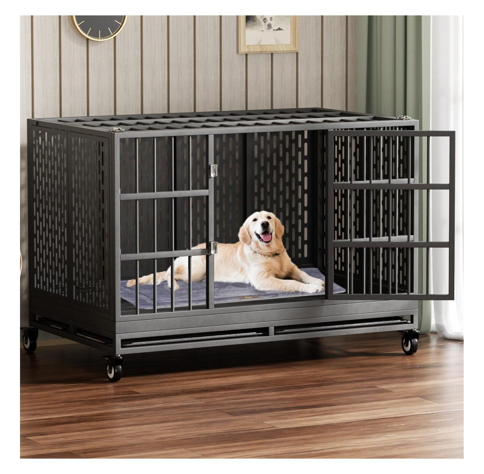 Inch Heavy Duty Dog Crate with Wheels, Folding Metal Big Dog Cage for ...