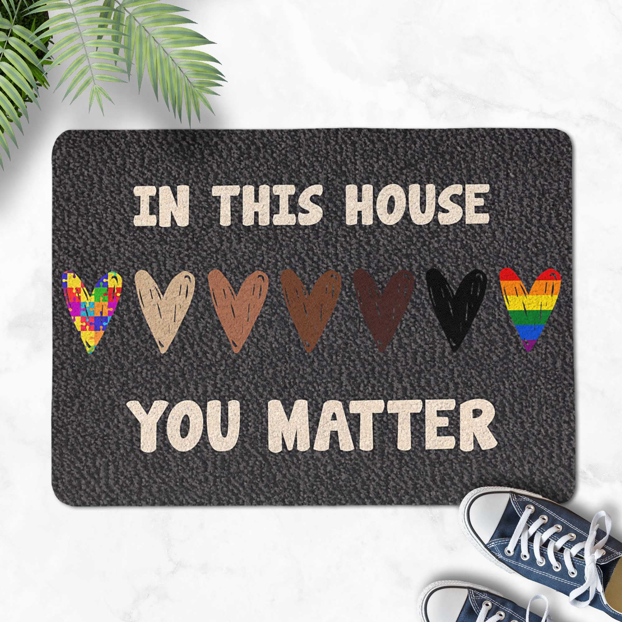 Inclusive Entryway Doormat, Multicolor Heart Design with Equality ...