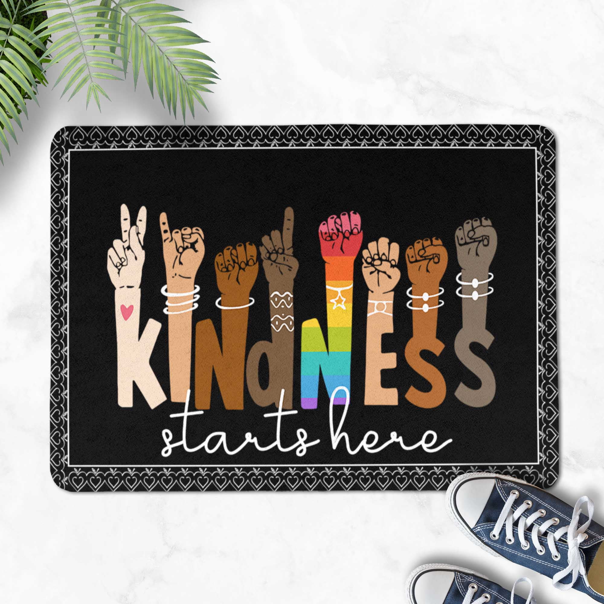 Inclusive Welcome Mat with Kindness Message, Multicultural Hand Design ...