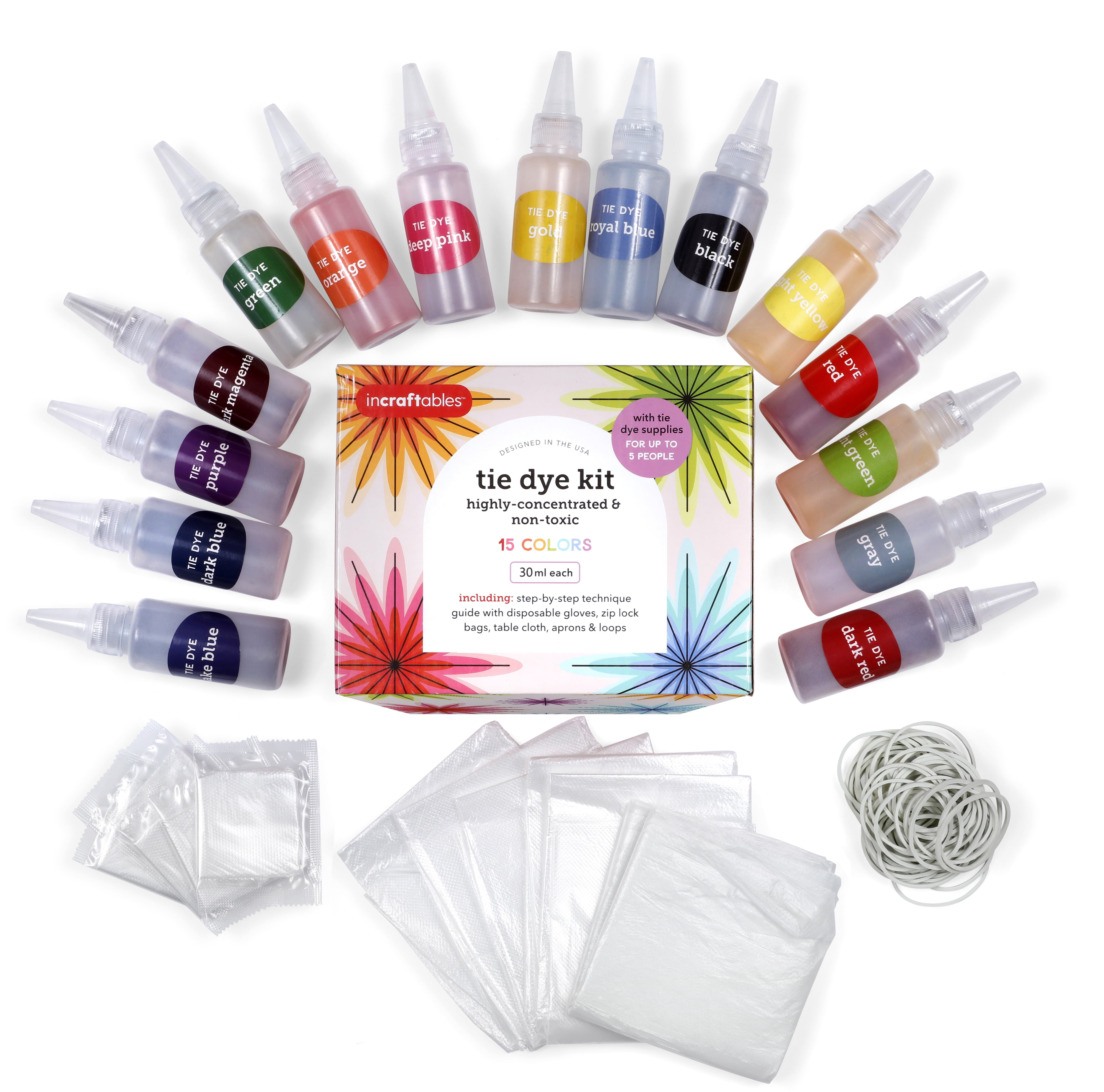 Incraftables Tie Dye Kit 15 Colors, Guide, Gloves, Bags, Table Cloth ...
