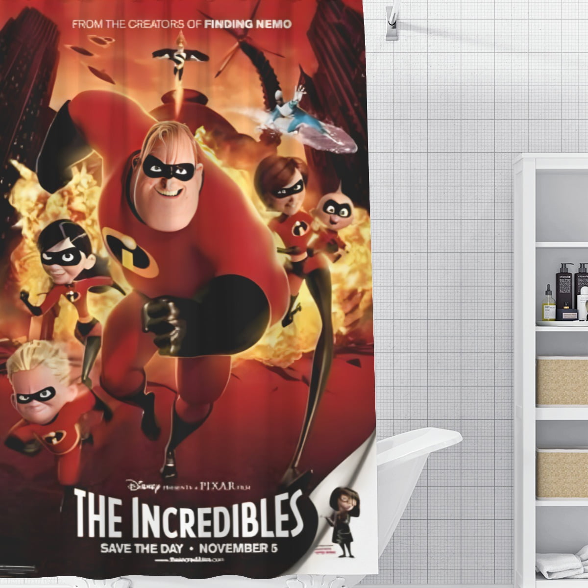 The Incredibles* shower curtain features an iconic print, is waterproof ...